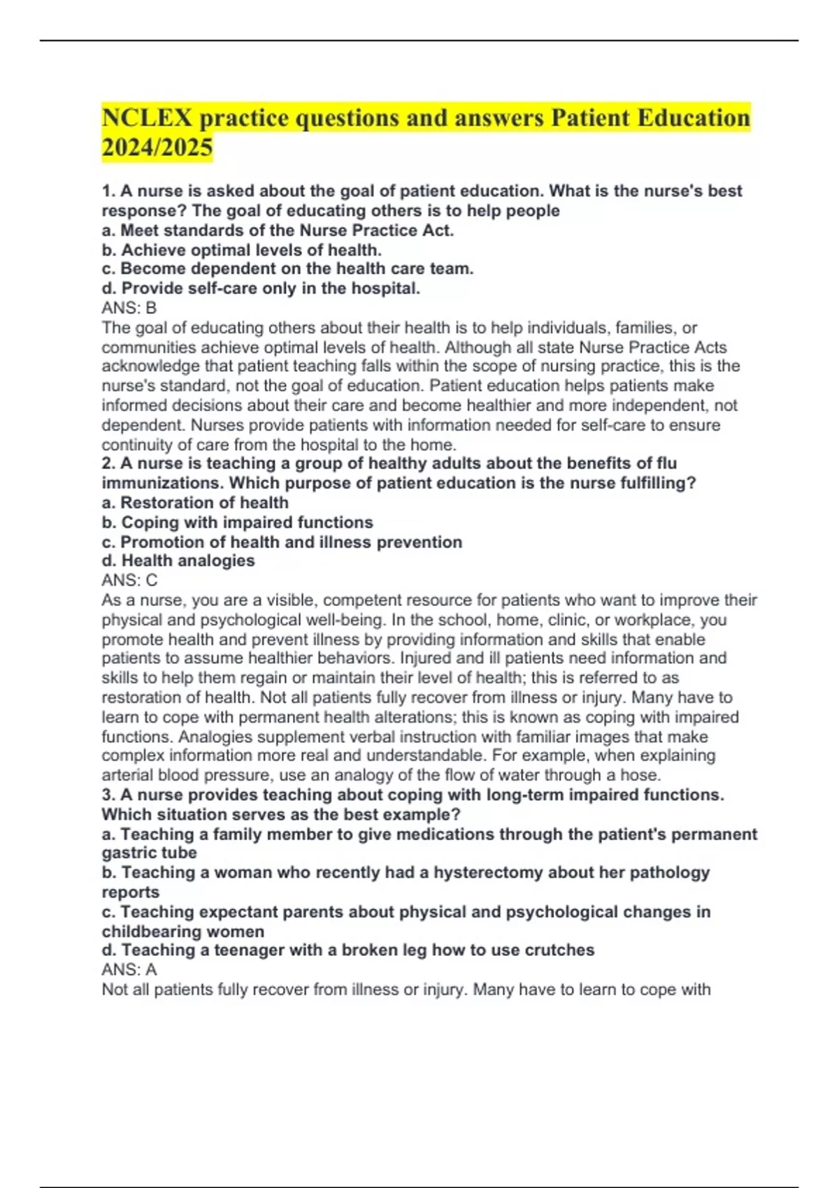 NCLEX practice questions and answers Patient Education 2024/2025 ...