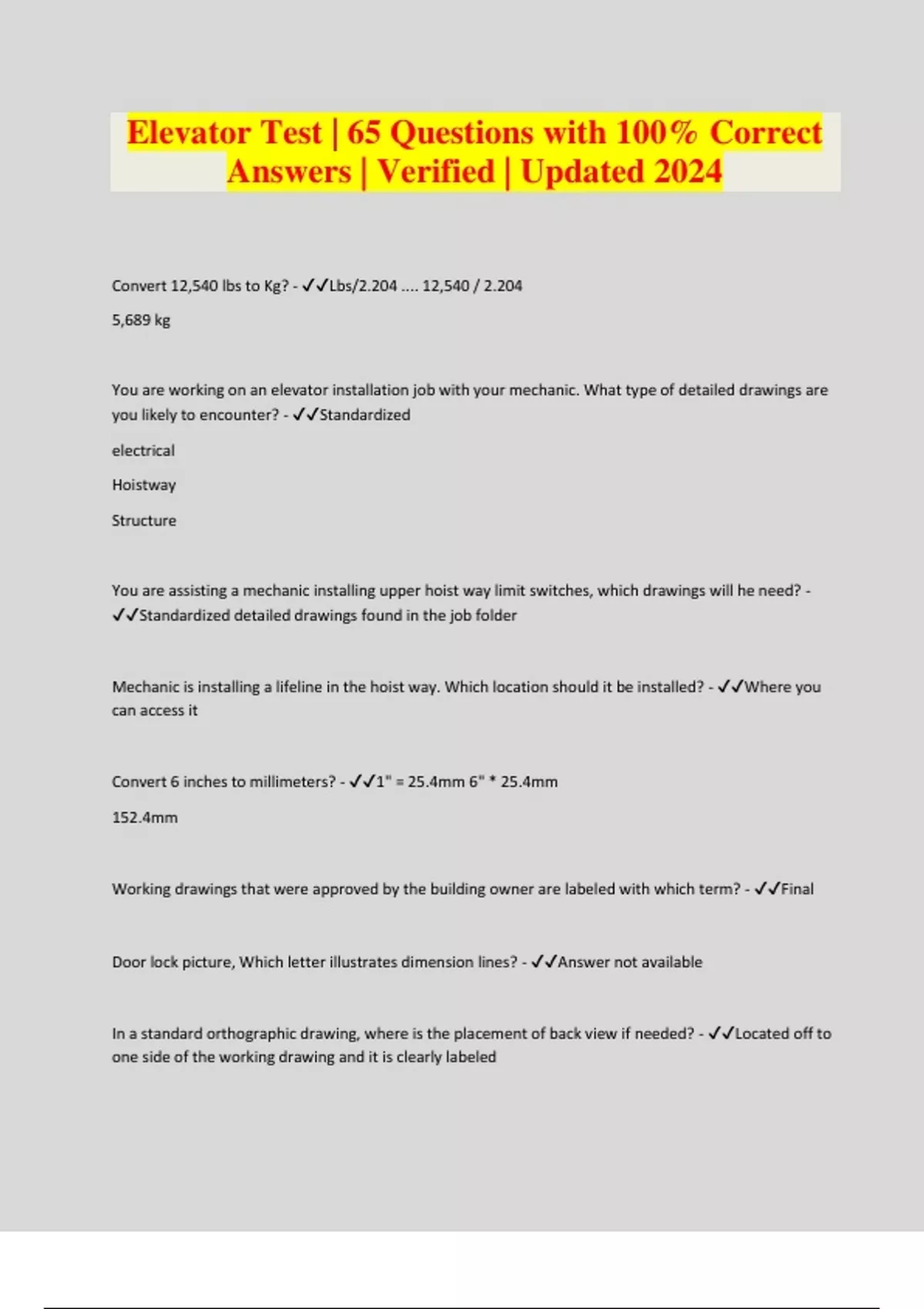 Elevator Test | 65 Questions with 100% Correct Answers | Verified ...