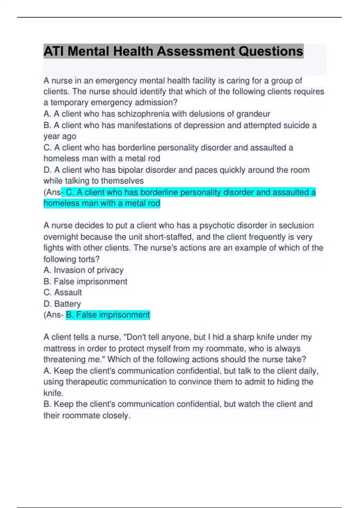 ATI Mental Health Assessment: Questions & Answers: Latest Updated A+ ...