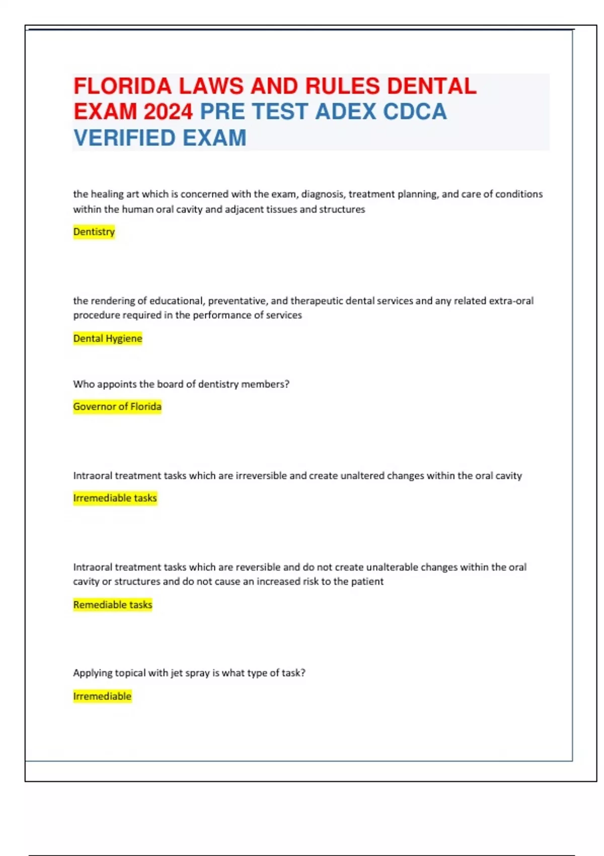 FLORIDA LAWS AND RULES DENTAL EXAM 2024 PRE TEST ADEX CDCA VERIFIED ...