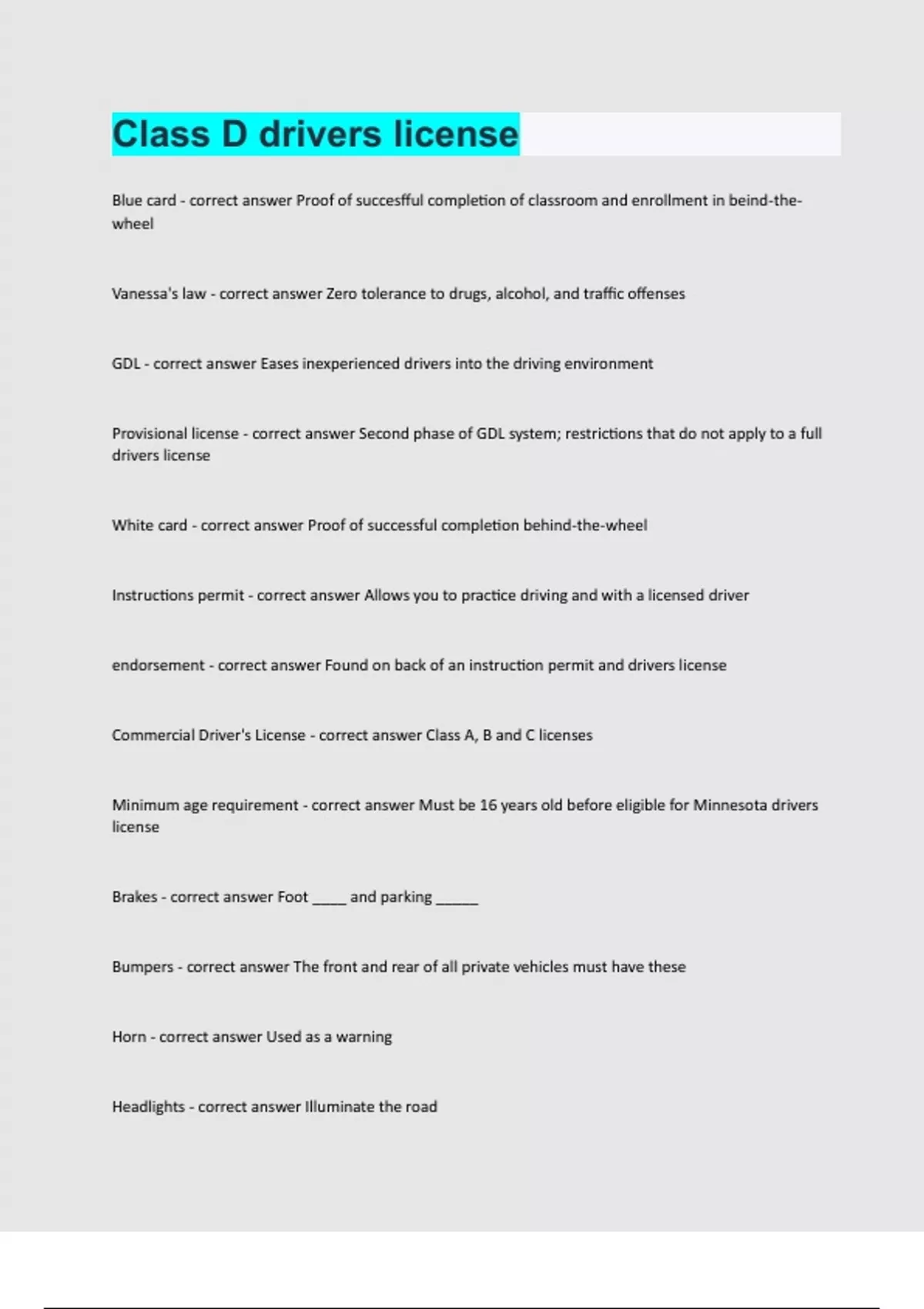 Class D drivers license exam question and answer latest update - Class ...