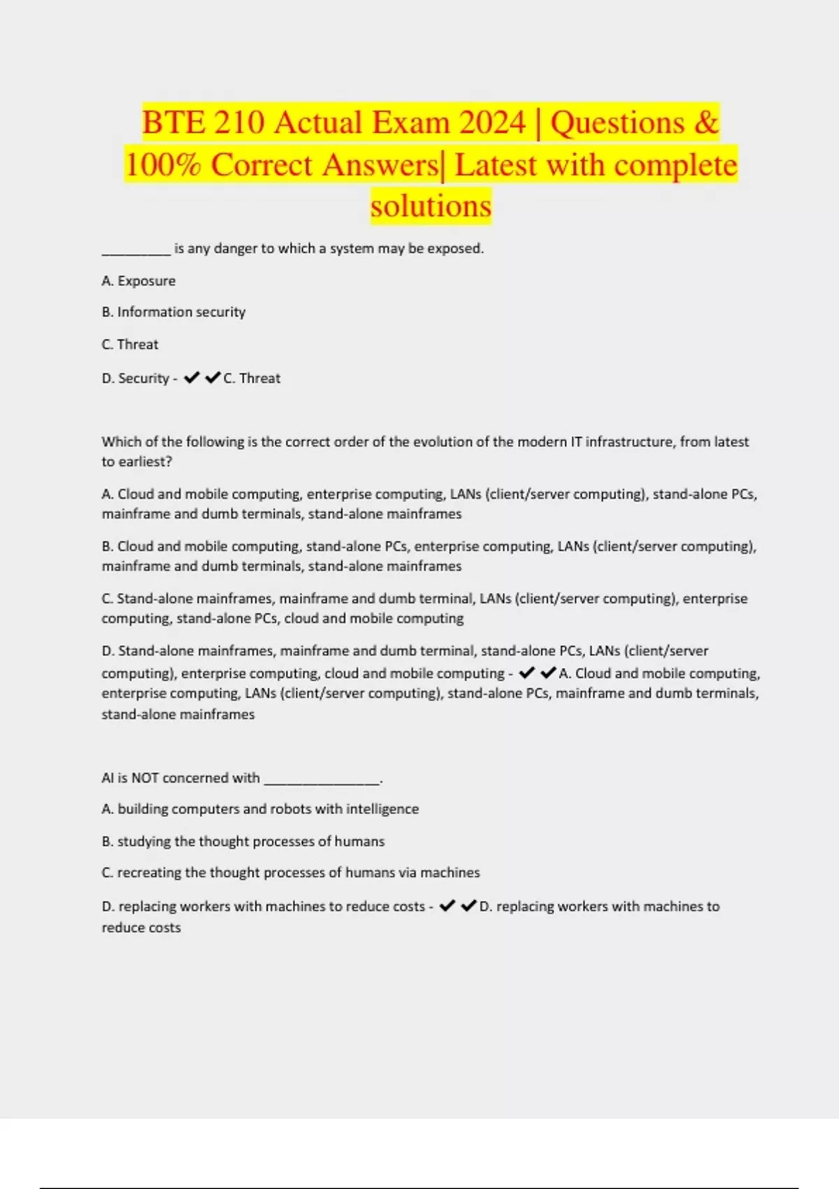 BTE 210 Actual Exam 2024 | Questions & 100% Correct Answers| Latest ...