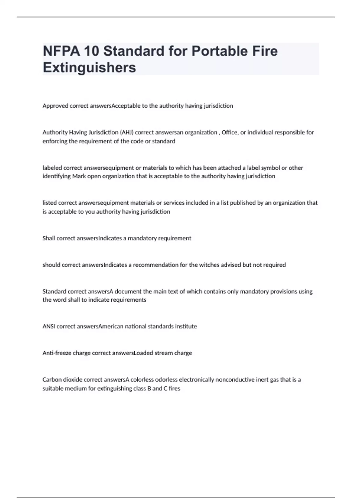 NFPA 10 Standard for Portable Fire Extinguishers exam 2024 with 100% ...