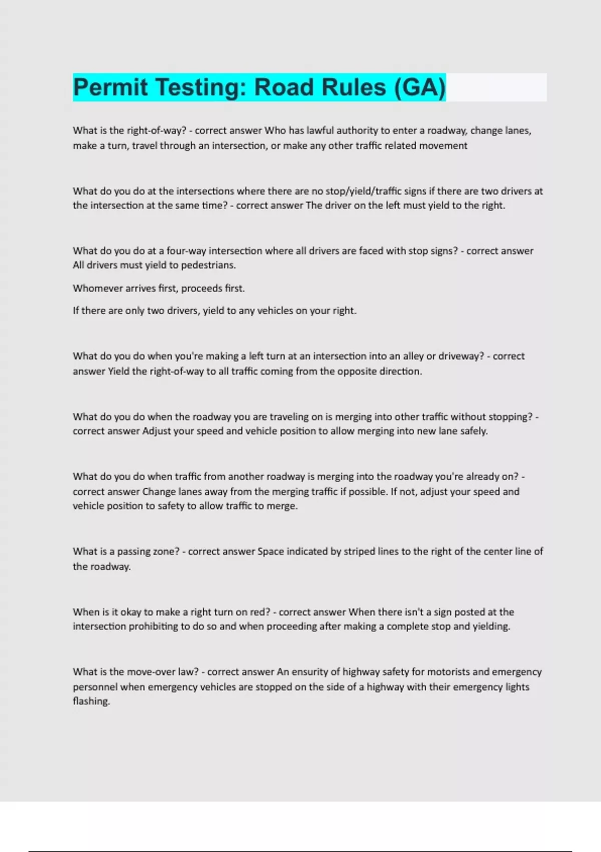 Permit Testing Road Rules (GA) exam question and answer latest update ...