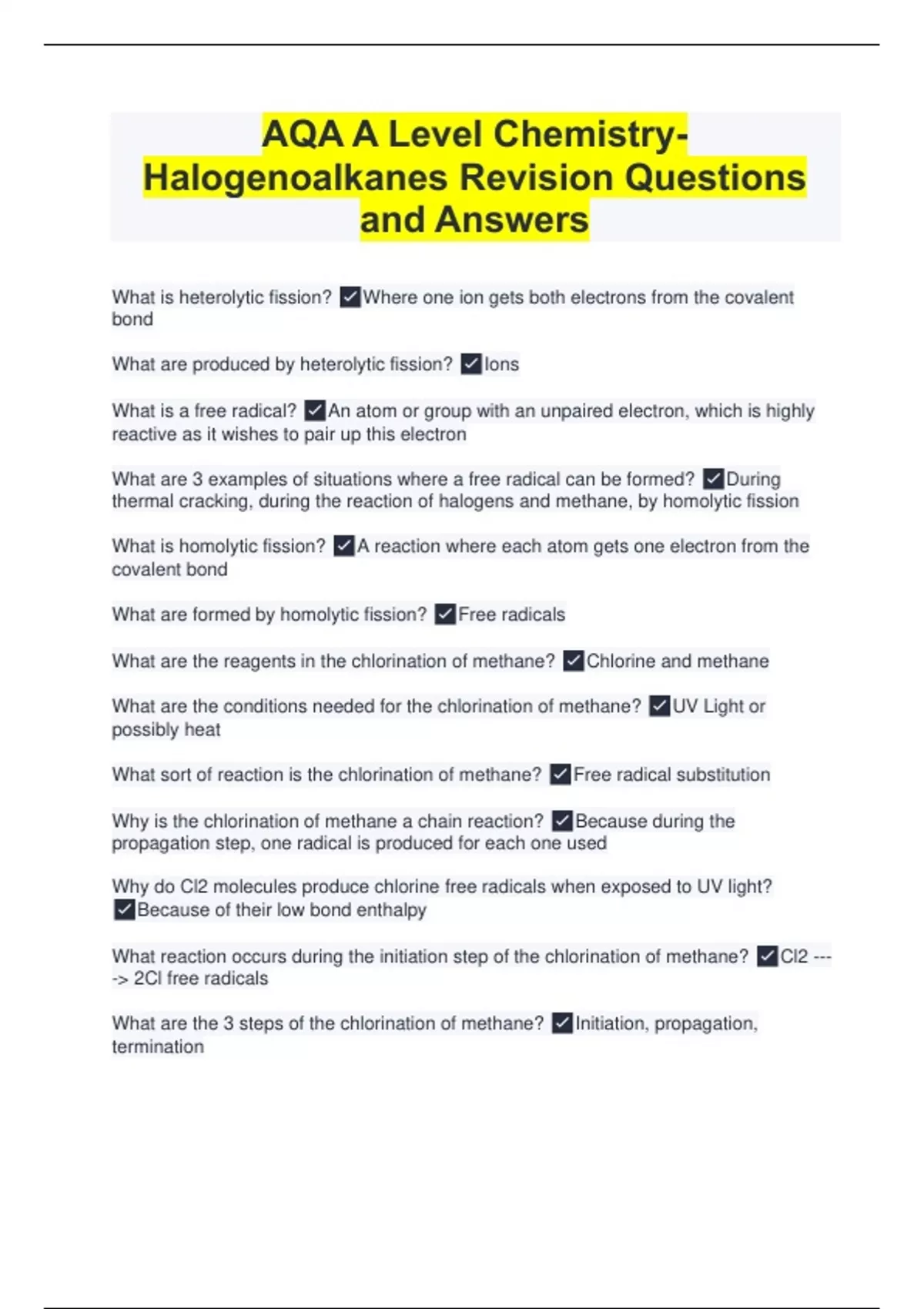 AQA A Level Chemistry Halogenoalkanes Revision Questions and Answers ...