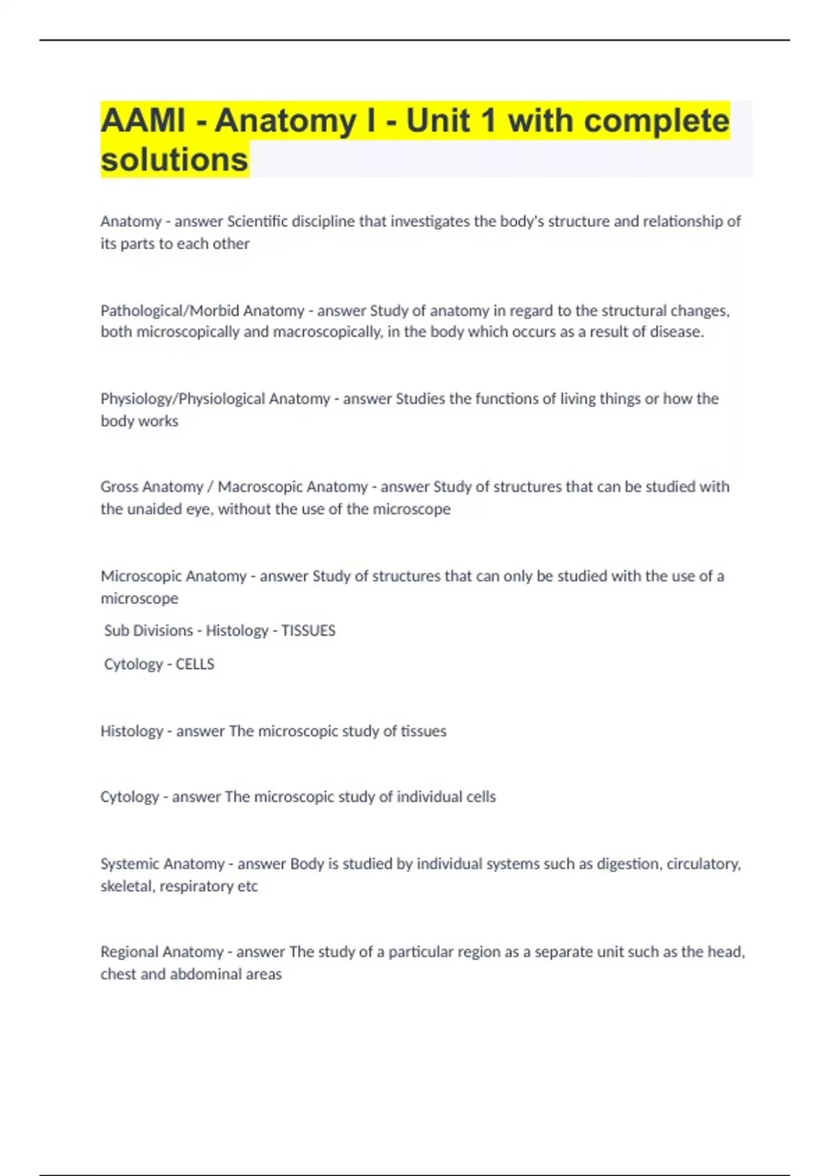 AAMI - Anatomy I - Unit 1 with complete study guide - AAMI ANATOMY ...