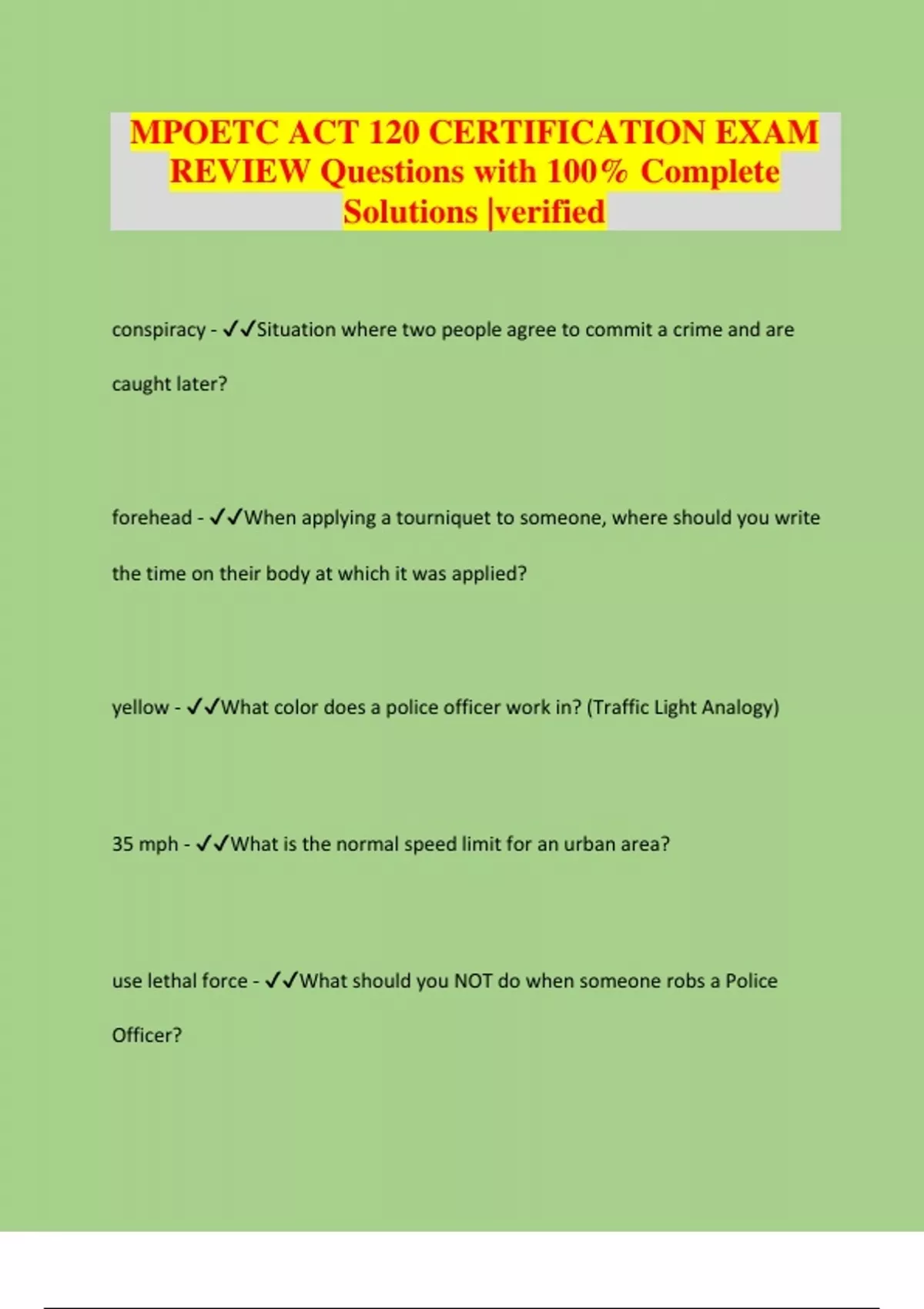 MPOETC ACT 120 CERTIFICATION EXAM REVIEW Questions with 100% Complete ...