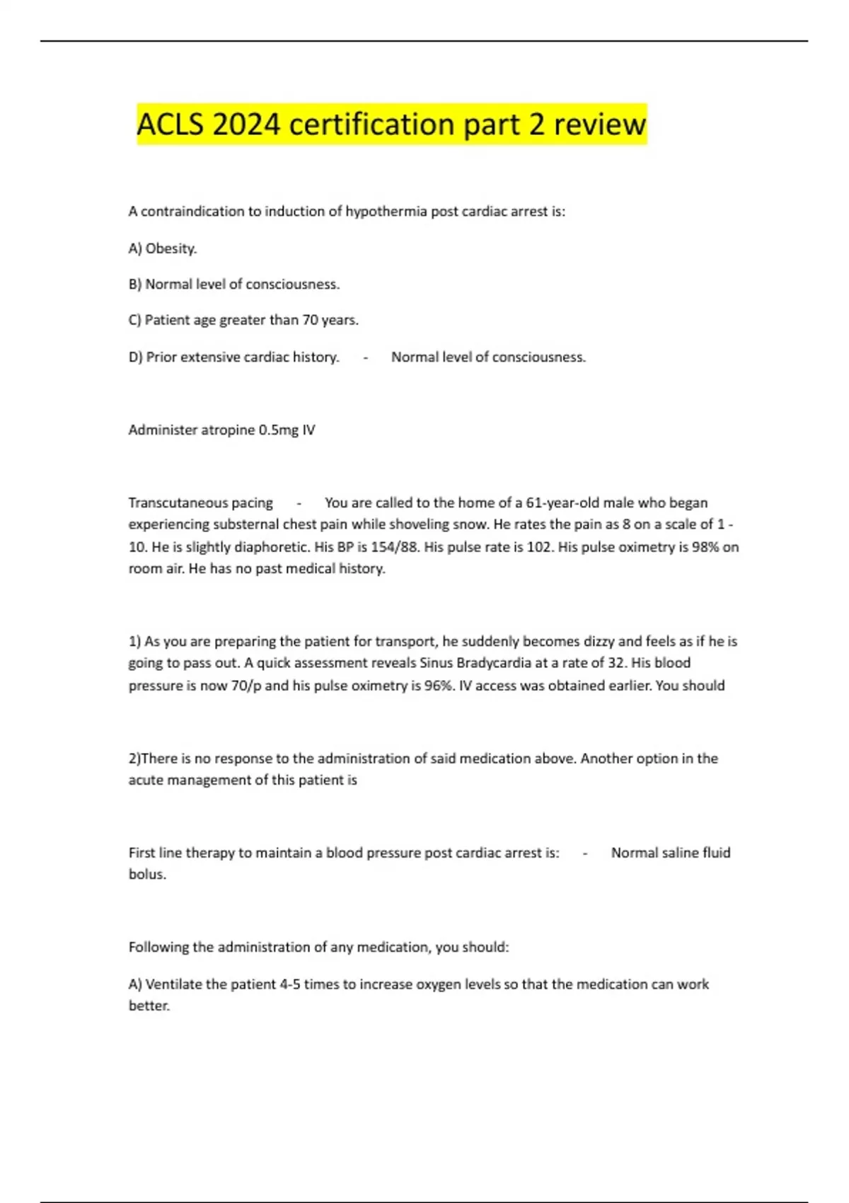 ACLS 2024 certification part 2 review - ACLS 2024 - Stuvia US