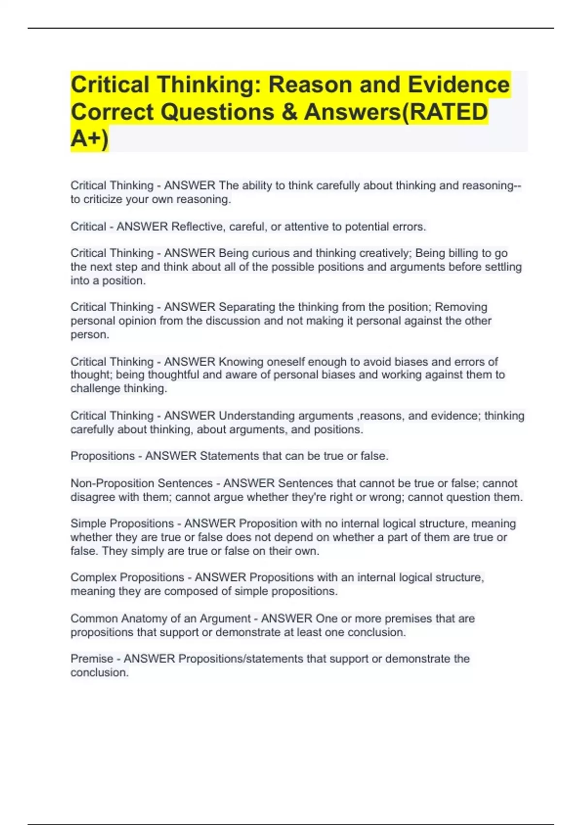 Critical Thinking: Reason and Evidence Correct Questions & Answers ...