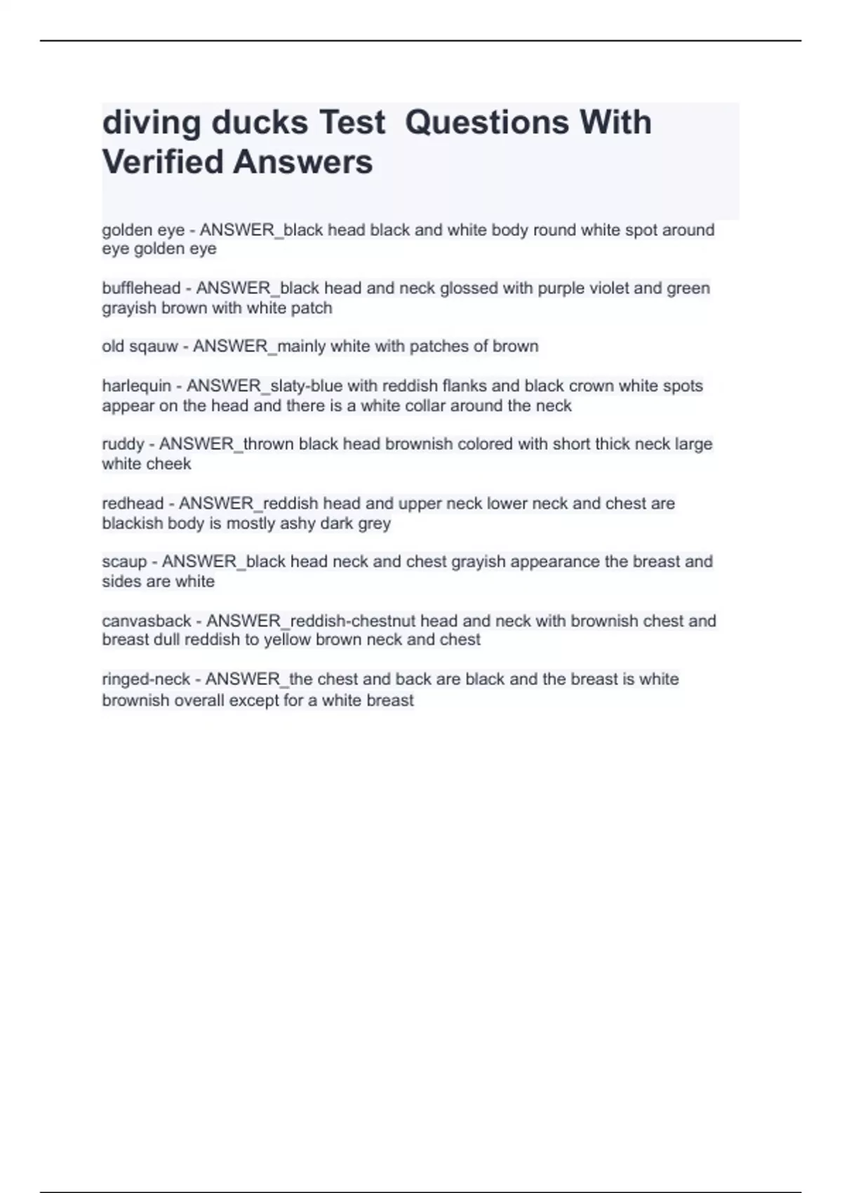 diving ducks Test Questions With Verified Answers - Diving ducks ...