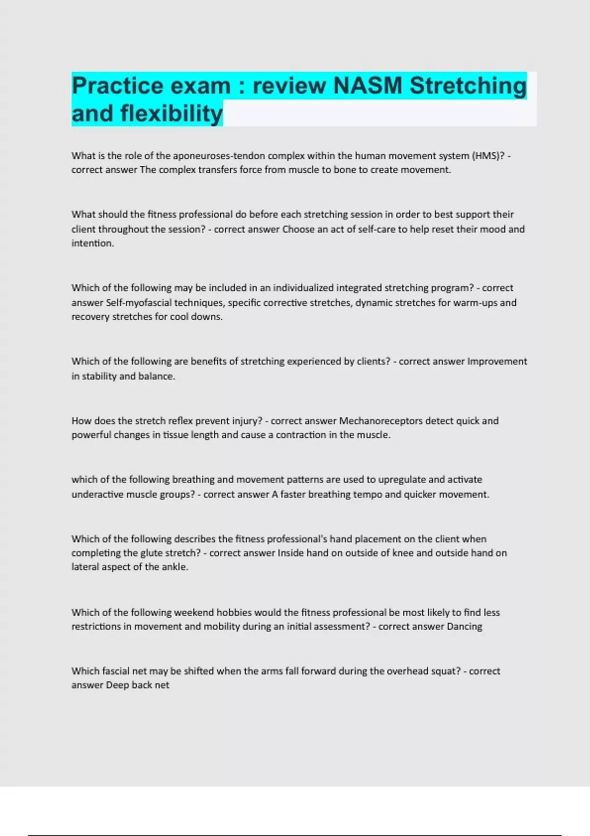 Practice exam review NASM Stretching and flexibility exam question and ...