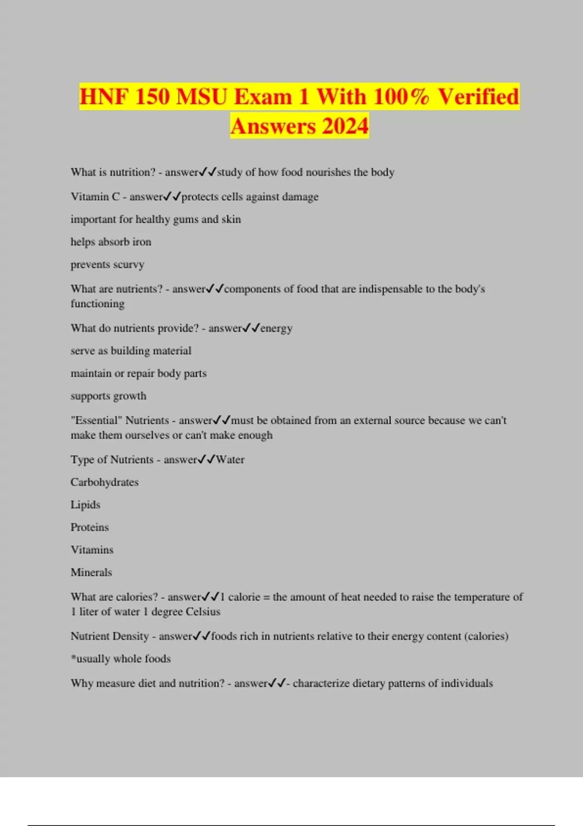 Package deal for HNF 150 Exam Questions with 100% Correct Answers ...