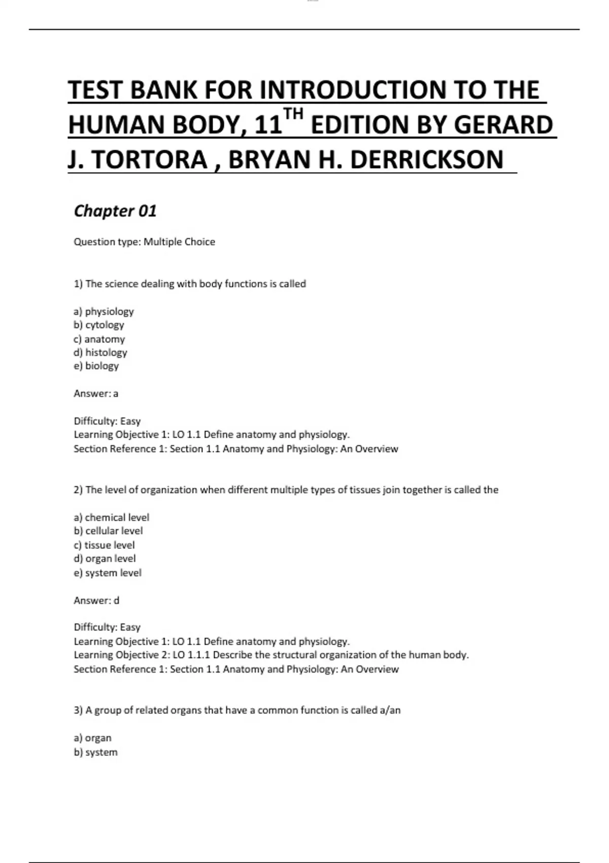 TEST BANK FOR INTRODUCTION TO THE HUMAN BODY, 11TH EDITION BY GERARD J ...