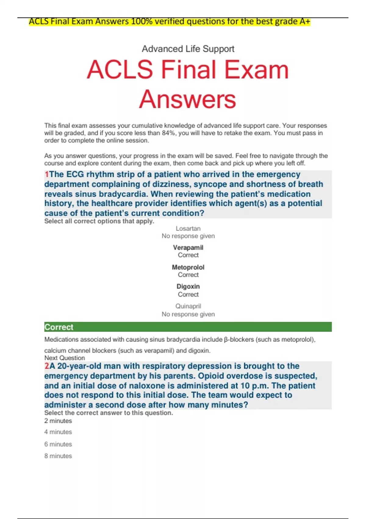 ACLS Final Exam Answers 100% verified questions for the best grade A+ ...