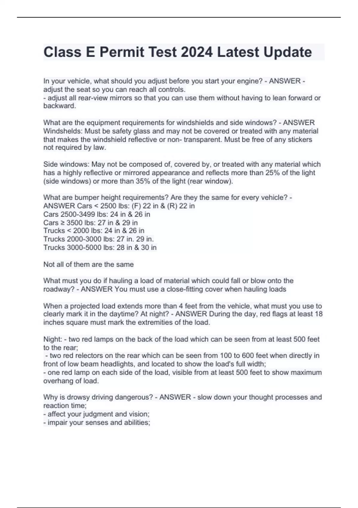 Class E Permit Test 2024 Latest Update - Florida Class E Drivers ...