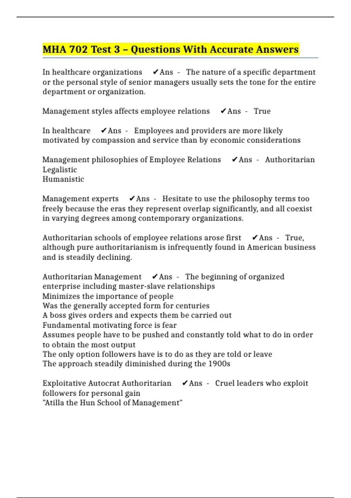 MHA 702 Test 3 – Questions With Accurate Answers - MHA 702 - Stuvia US