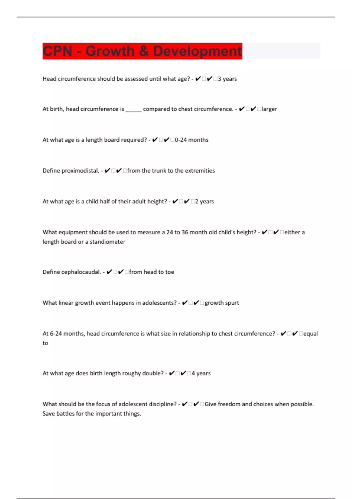 CPN - Growth & Development 62 Questions And Answers - CPN - Stuvia US