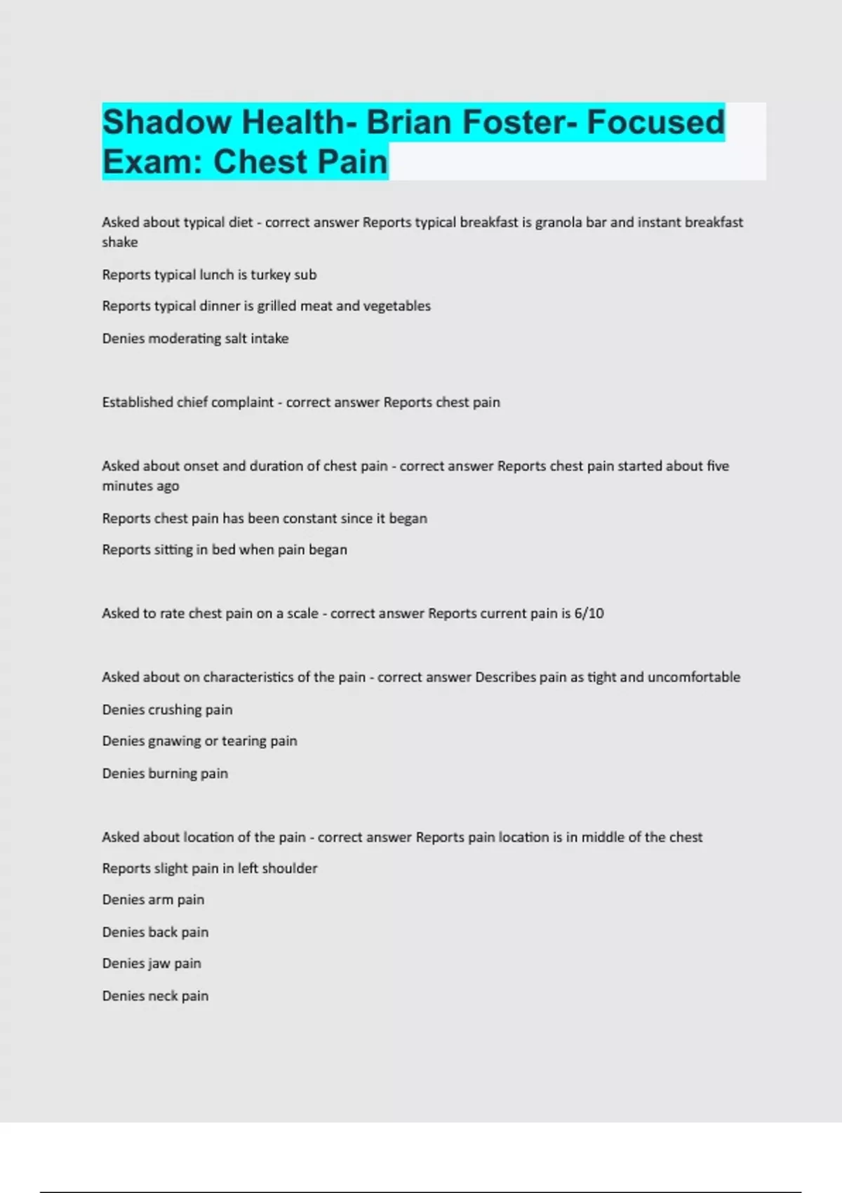 Shadow Health- Brian Foster- Focused Exam Chest Pain question and ...