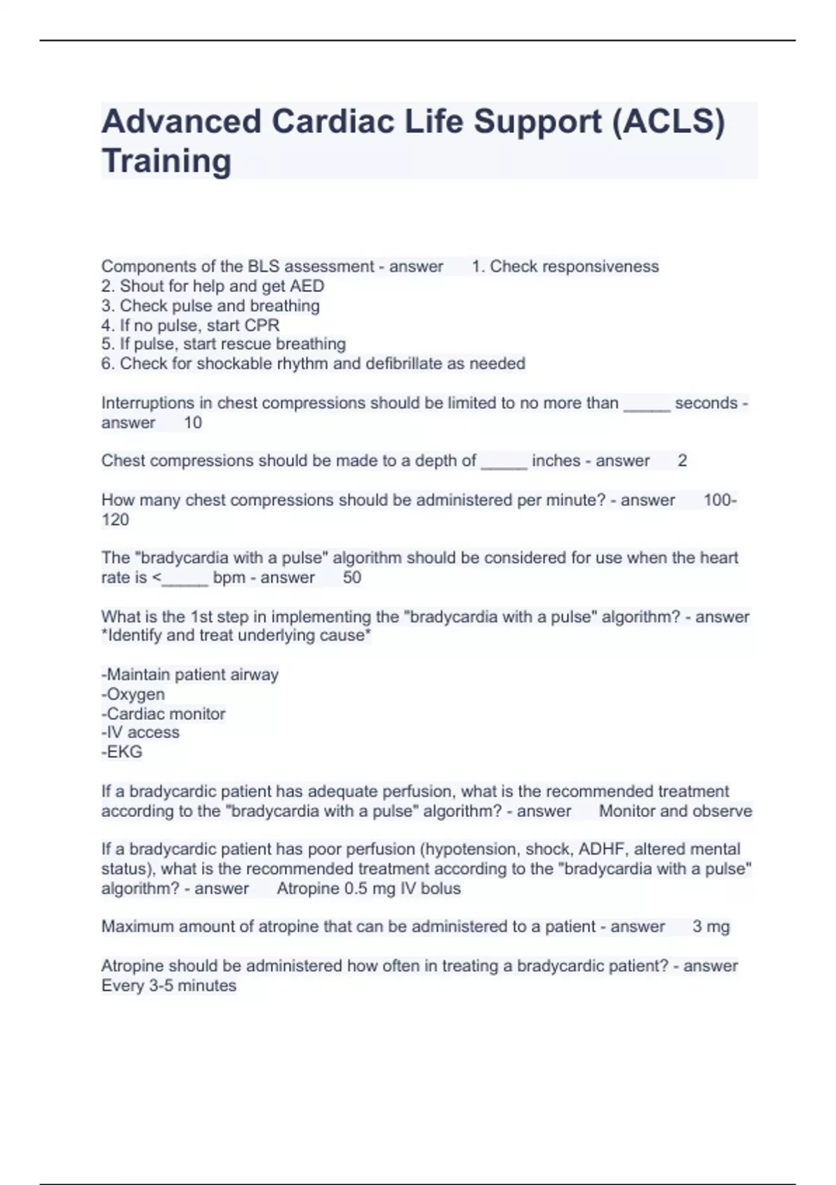 Advanced Cardiac Life Support (ACLS) Training Questions with correct ...