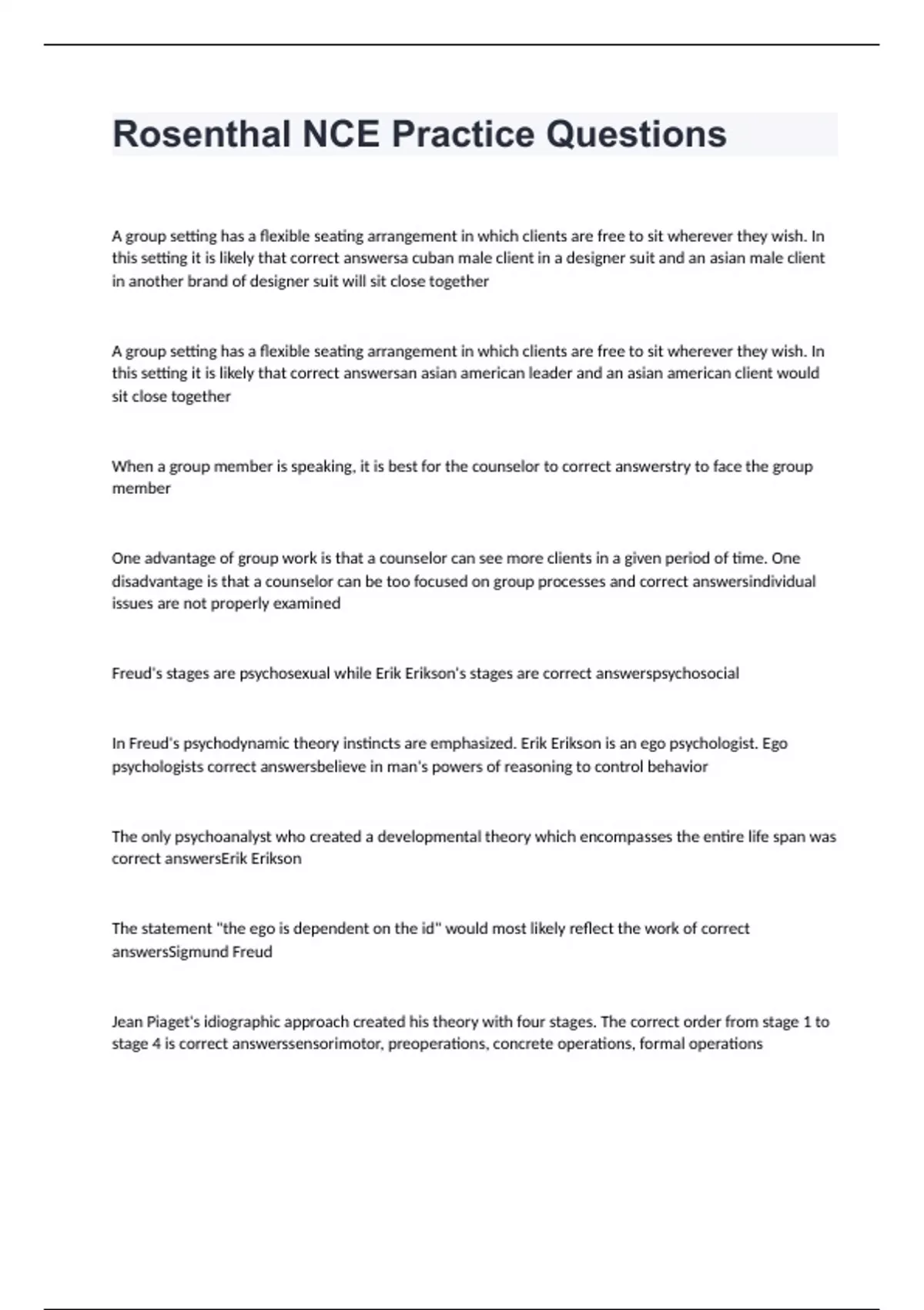 Rosenthal NCE Practice Questions & Answers (100% correct 2024 ...