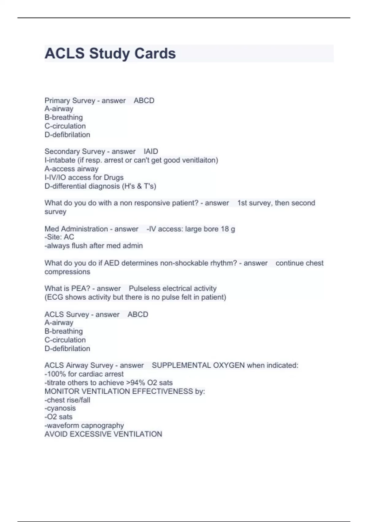 ACLS Study Cards Questions with correct Answers 2024 - Acls - Stuvia US
