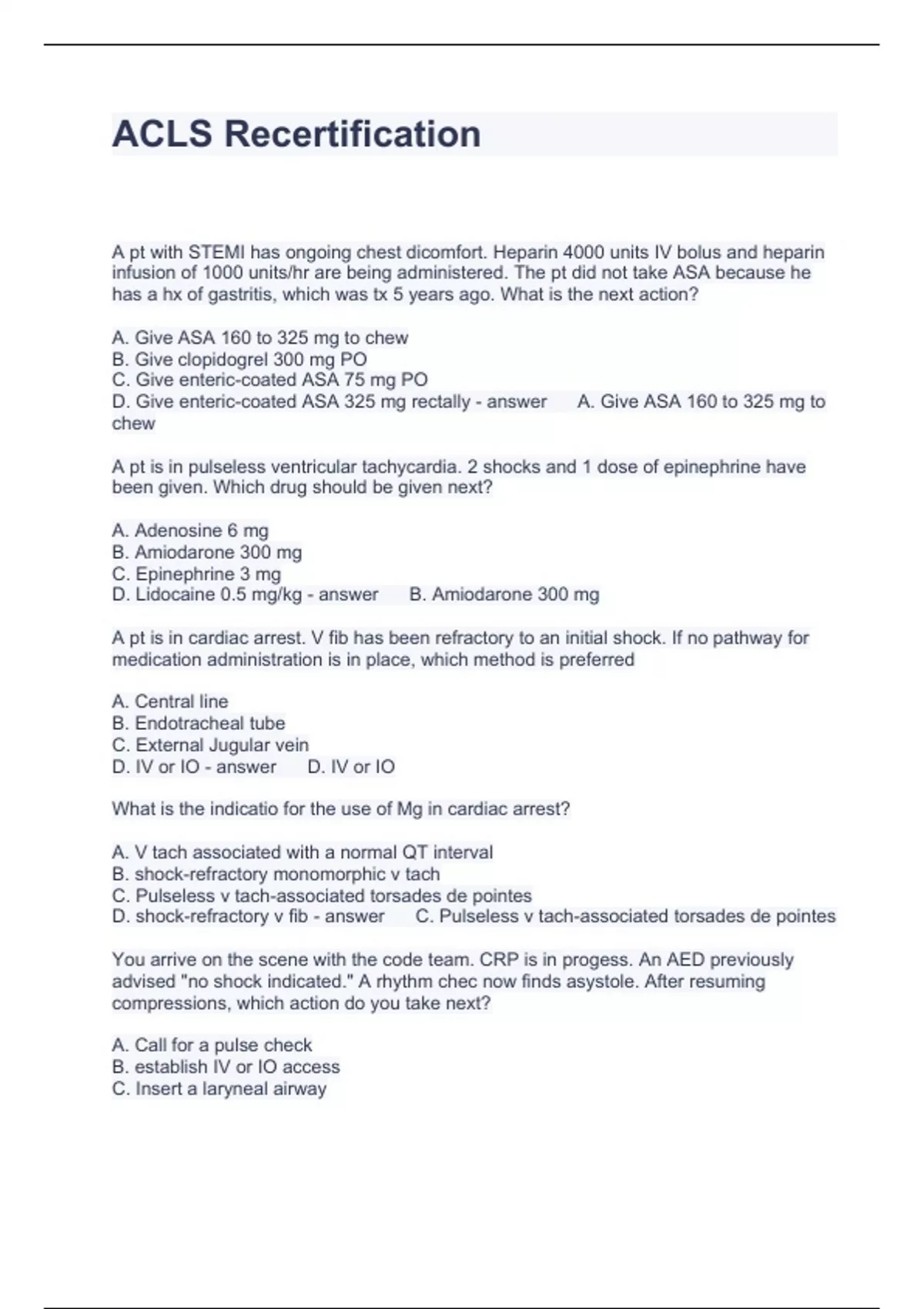ACLS Recertification Questions with correct Answers 2024 - Acls - Stuvia US