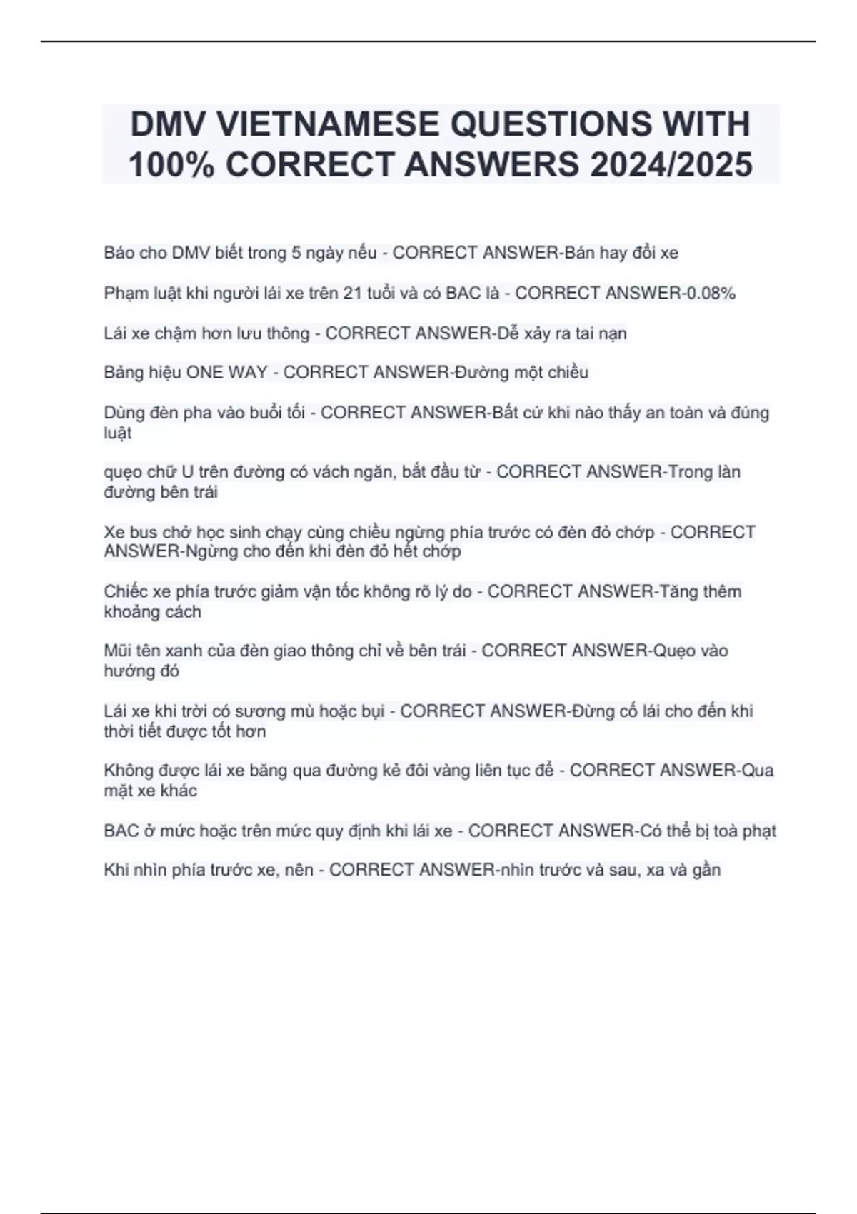 DMV VIETNAMESE QUESTIONS WITH 100% CORRECT ANSWERS 2024/2025 - DMV ...