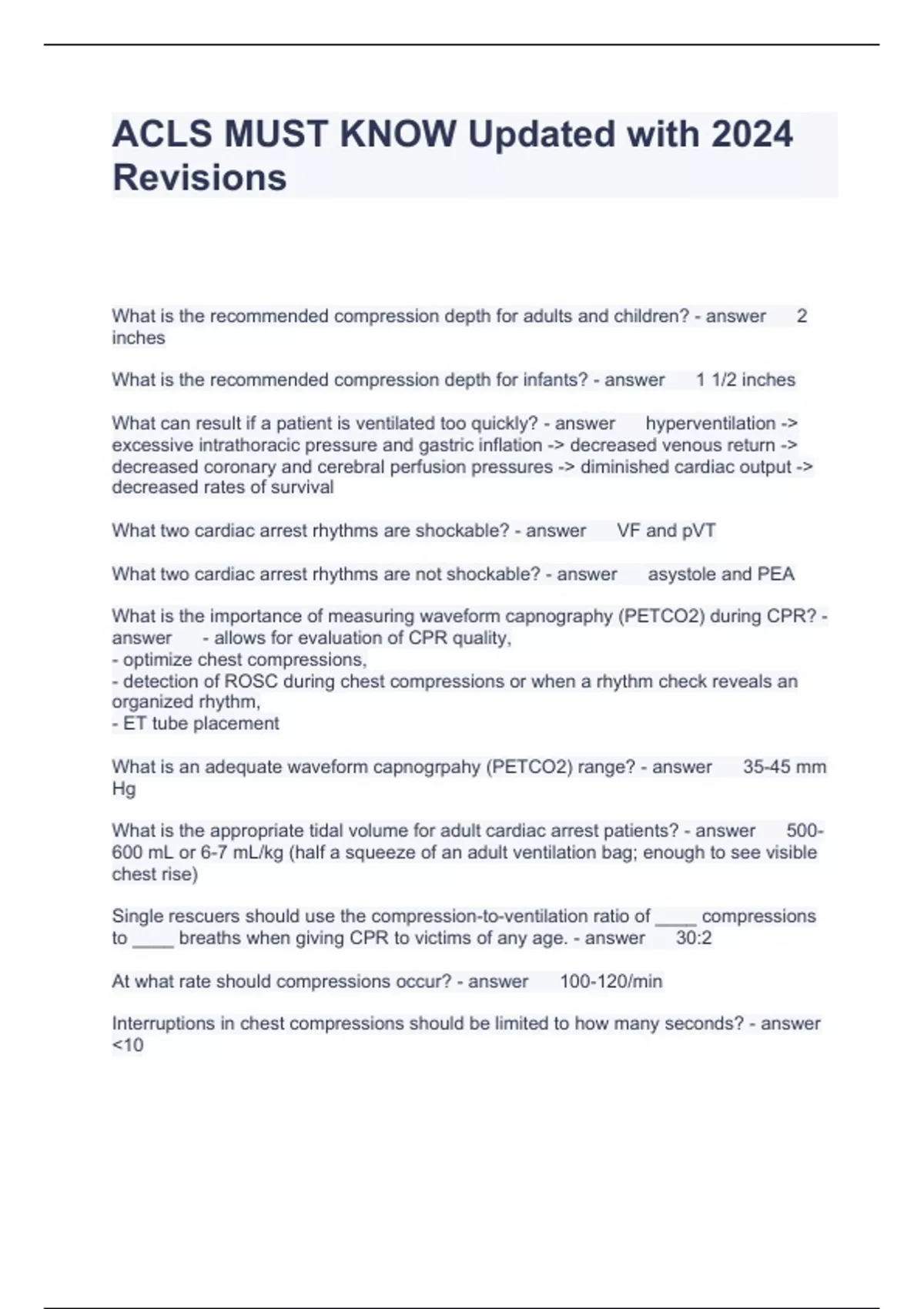 ACLS MUST KNOW Updated with 2024 Revisions Questions and Answers Graded ...