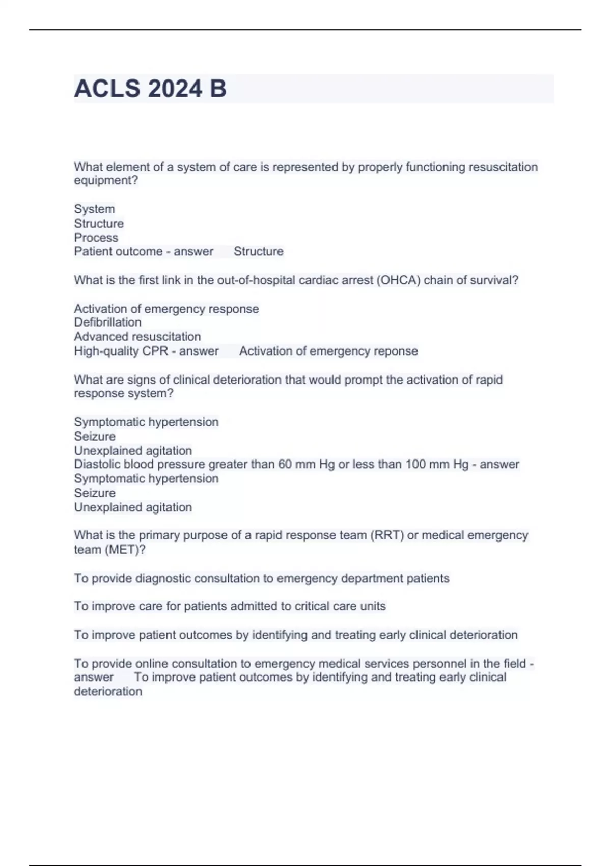 ACLS 2024 B QUESTIONS WITH SOLUTIONS - Acls - Stuvia US