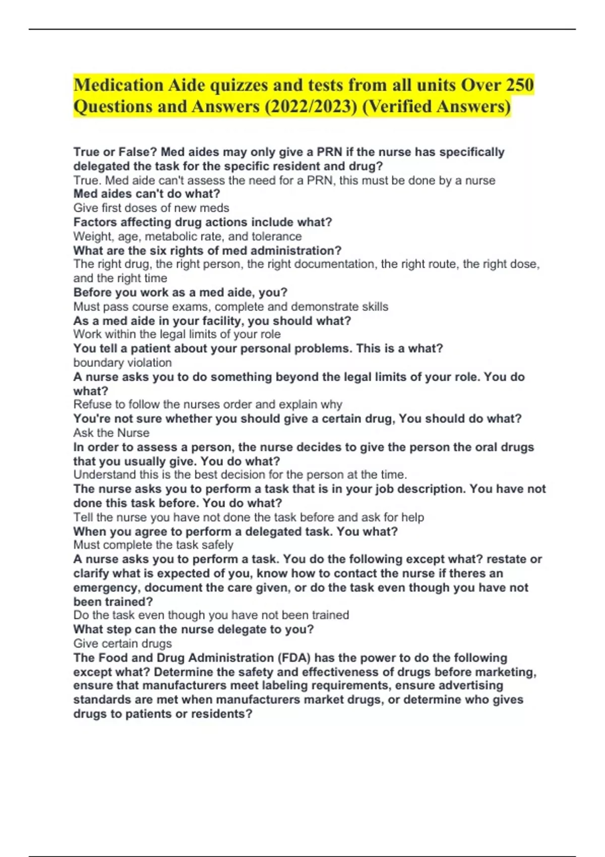 Medication Aide quizzes and tests from all units Over 250 Questions and ...