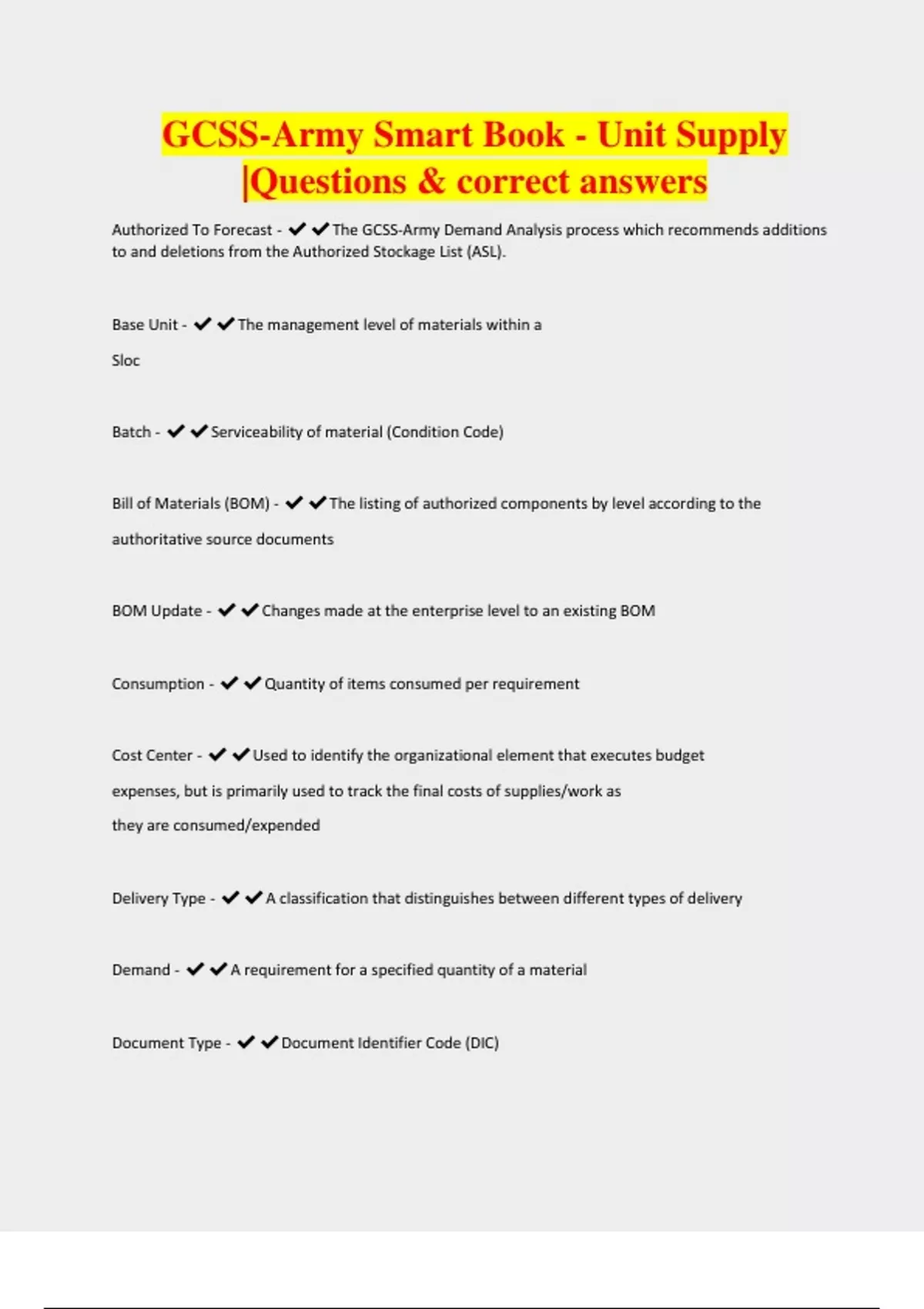 Gcss Army Smart Book Unit Supply Questions And Correct Answers Gcss Army Stuvia Us