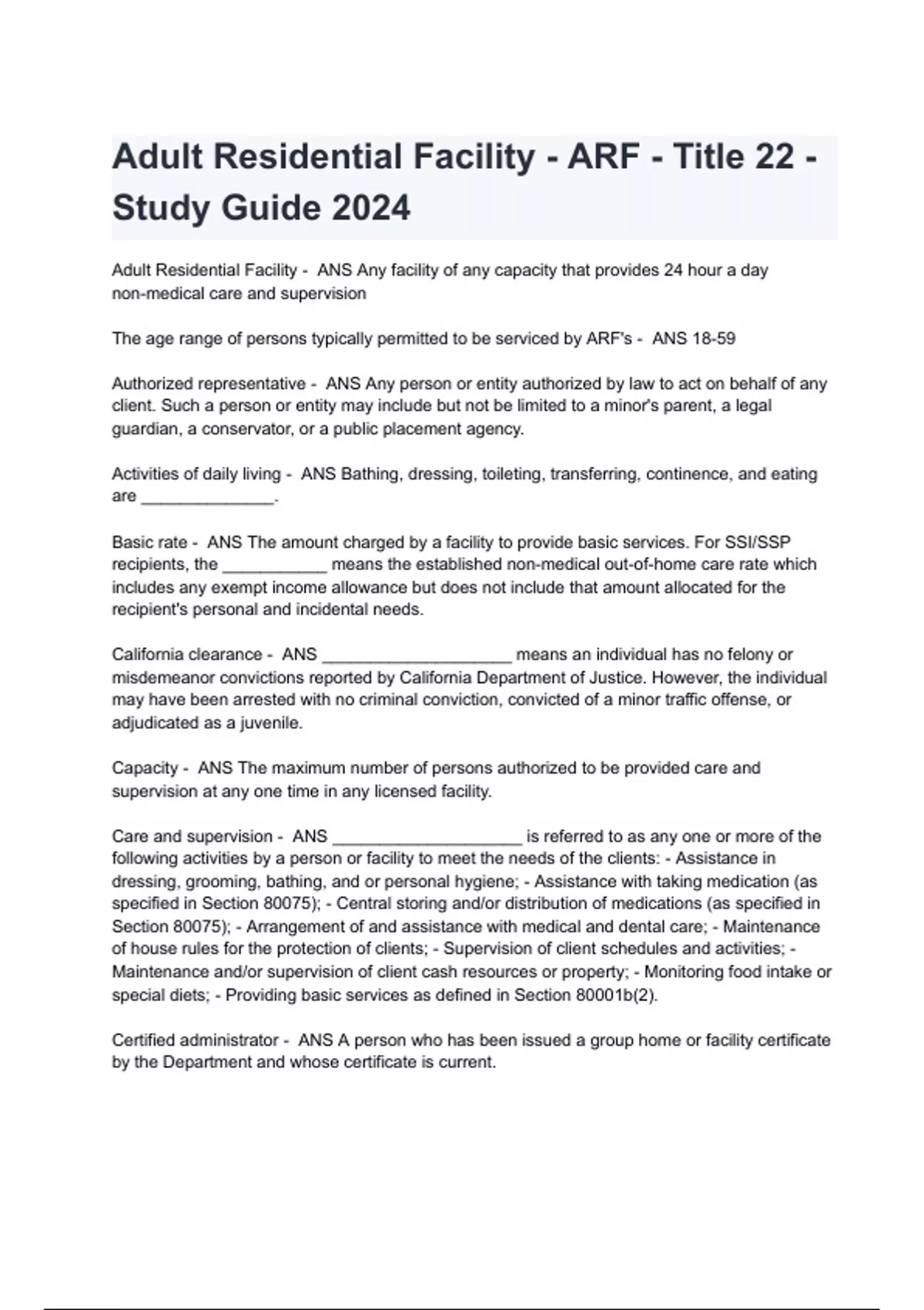 Adult Residential Facility - ARF - Title 22 - Study Guide 2024 Questions with correct Answers ...