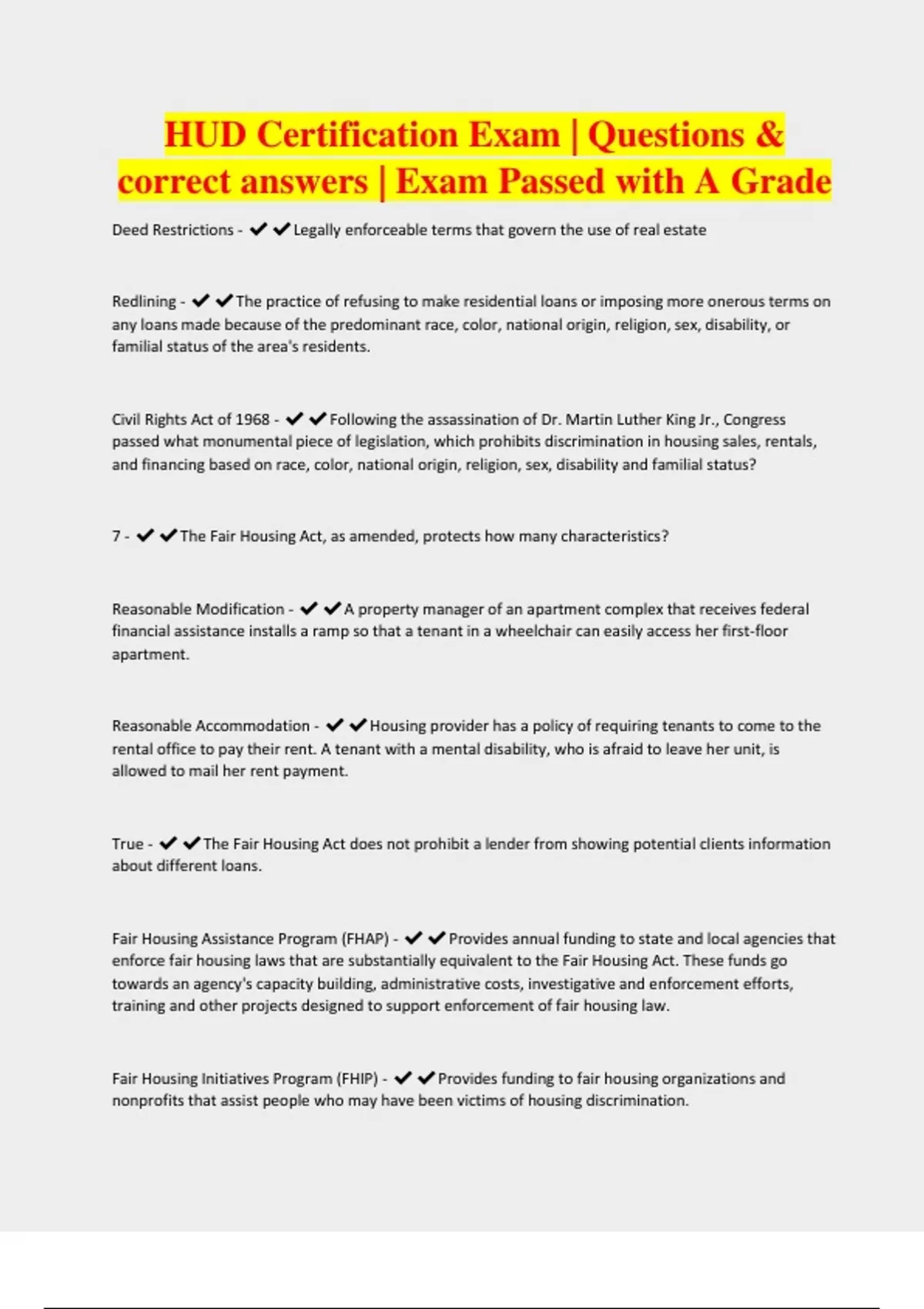 HUD Certification Exam | Questions & correct answers | Exam Passed with ...
