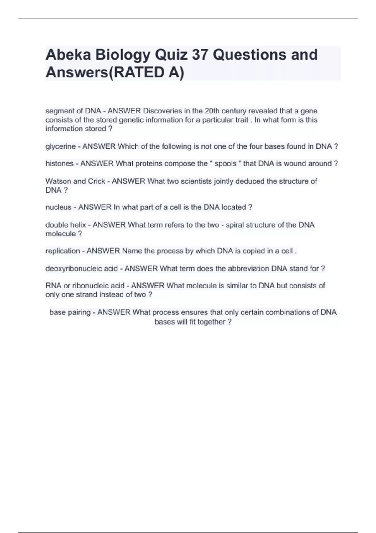 Abeka Biology Quiz 37 Questions and Answers(RATED A) - Abeka Biology ...