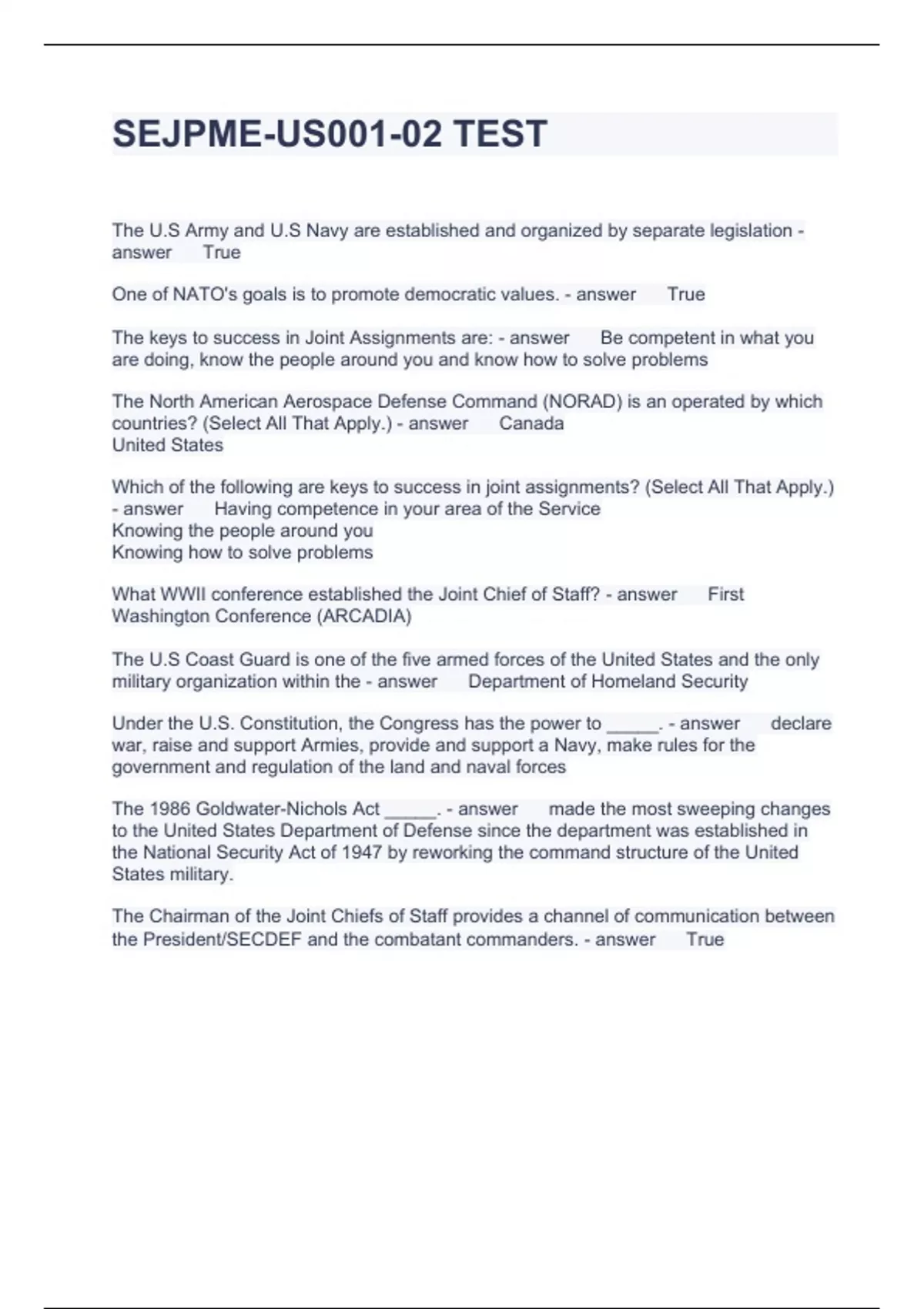 SEJPME-US001-02 TEST QUESTIONS WITH ACCURATE ANSWERS - Ejpme - Stuvia US