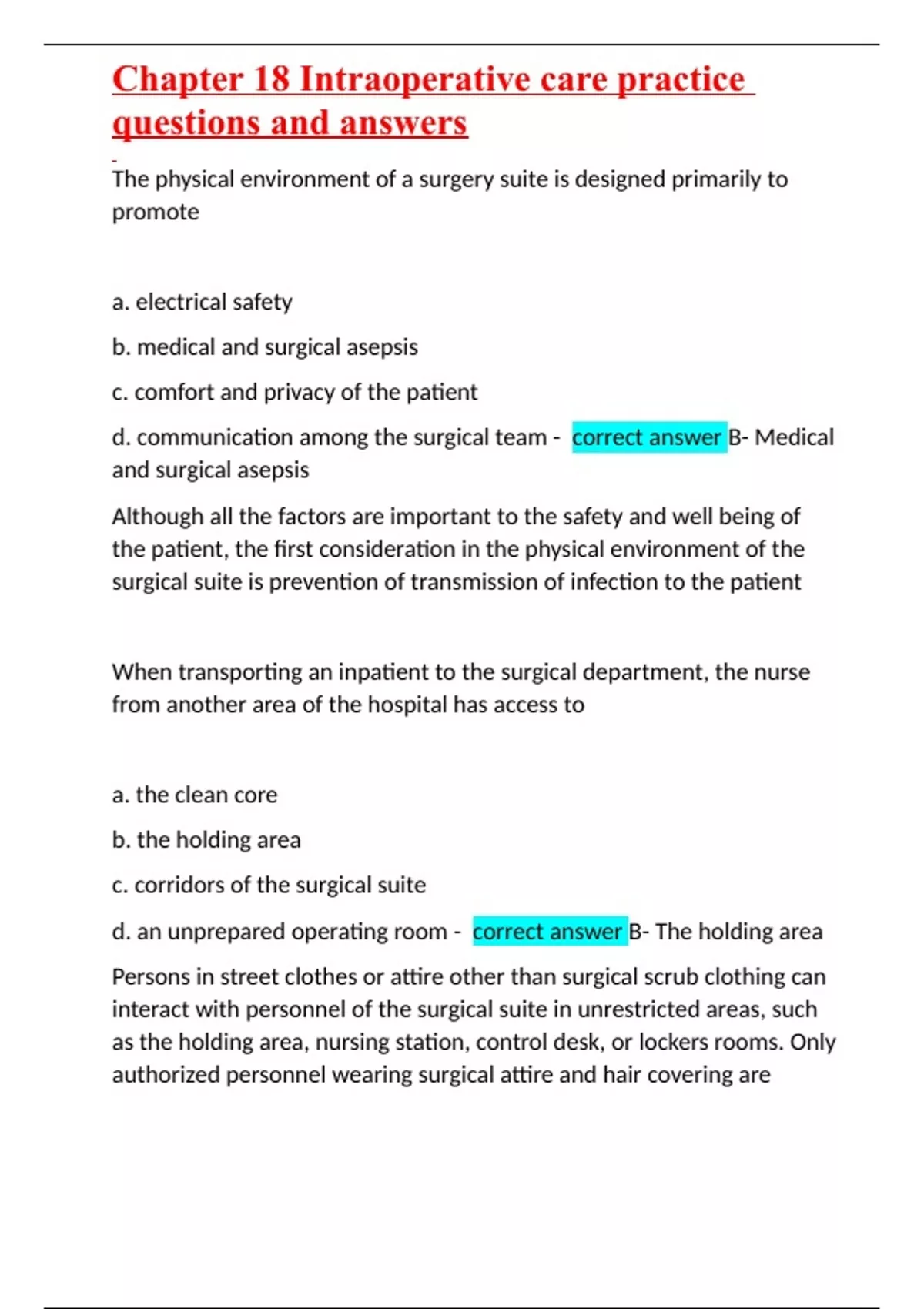 Chapter 18 Intraoperative care practice questions and answers - Chapter ...