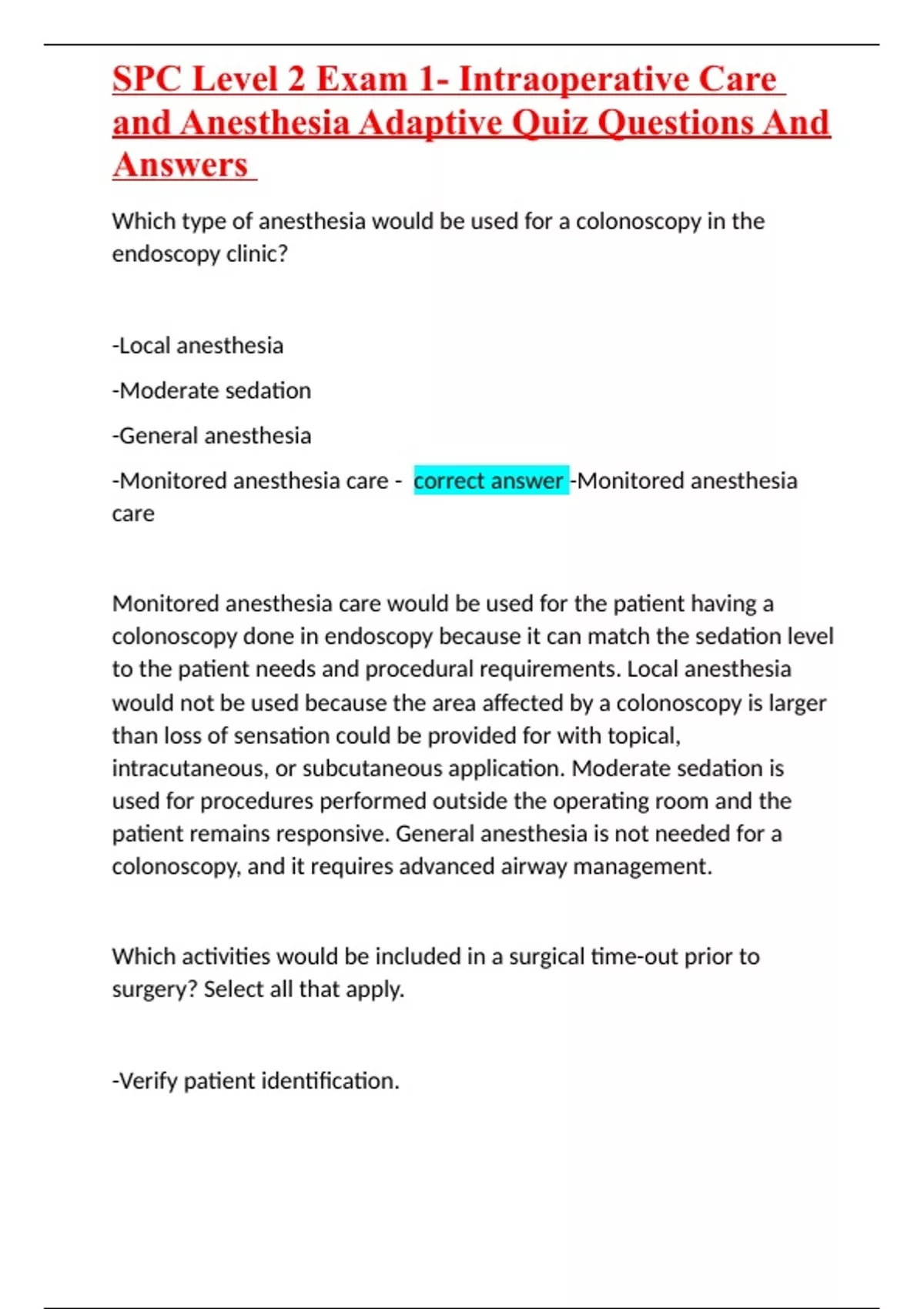 SPC Level 2 Exam 1- Intraoperative Care and Anesthesia Adaptive Quiz ...