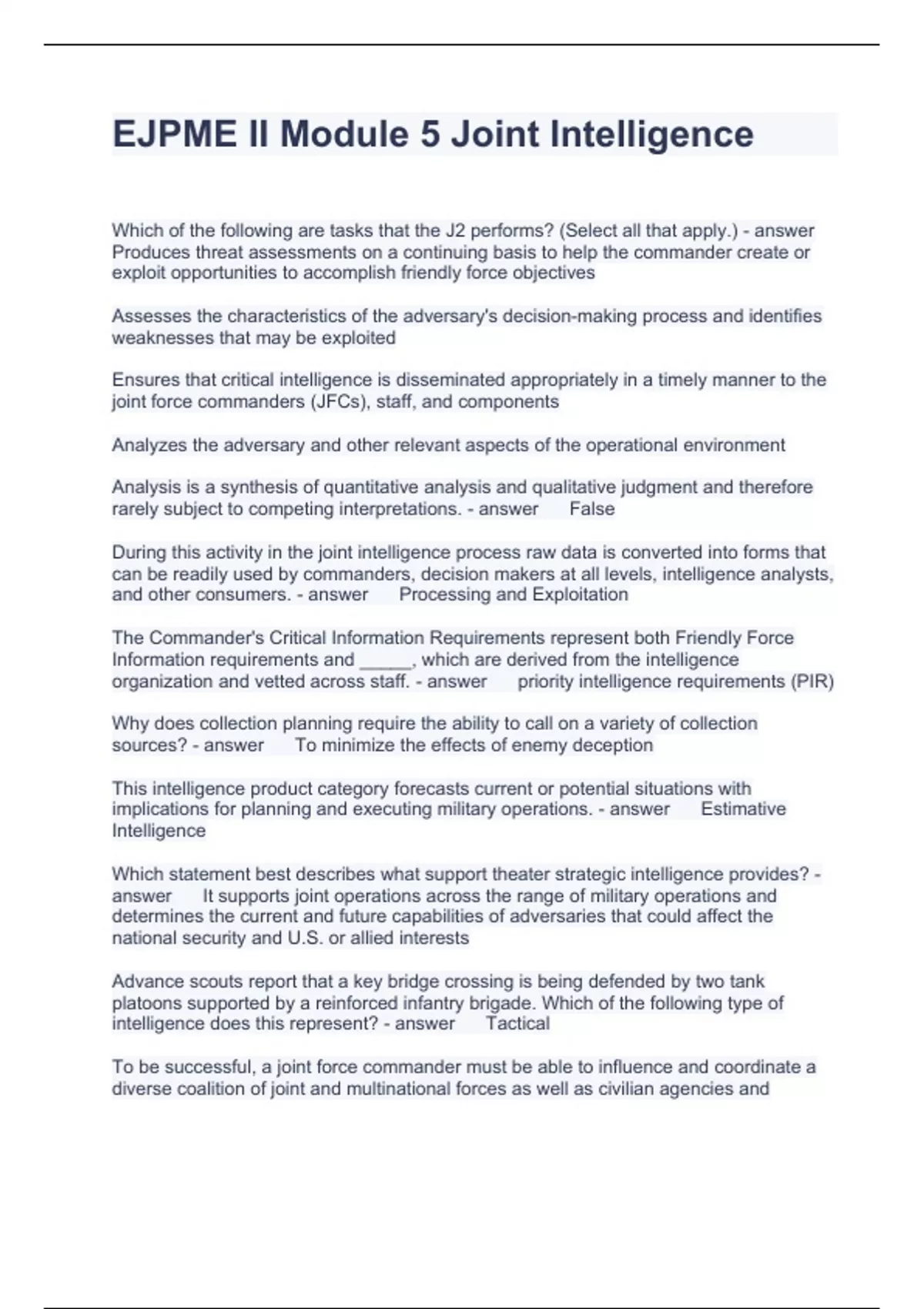 EJPME II Module 5 Joint Intelligence Questions and Answers Fully solved ...