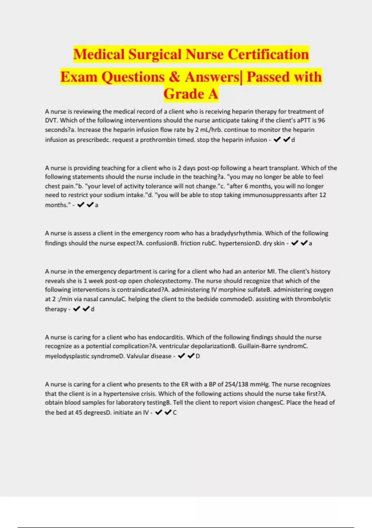 Medical Surgical Nurse Certification Exam Questions & Answers| Passed ...