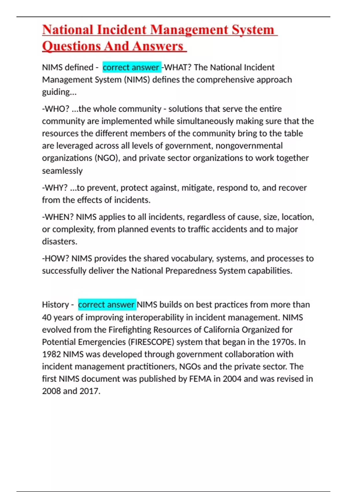 National Incident Management System Questions And Answers - National ...