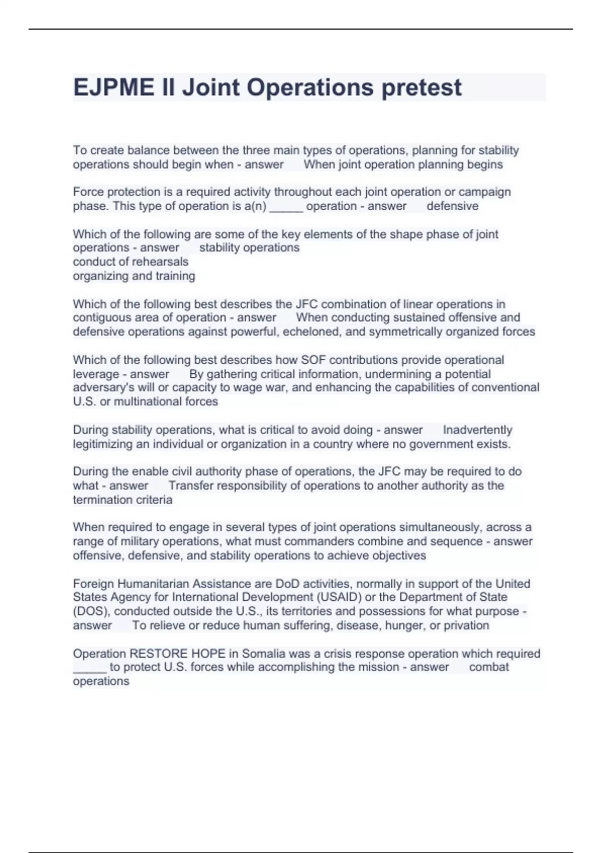 EJPME II Joint Operations pretest Questions with correct Answers 2024 ...