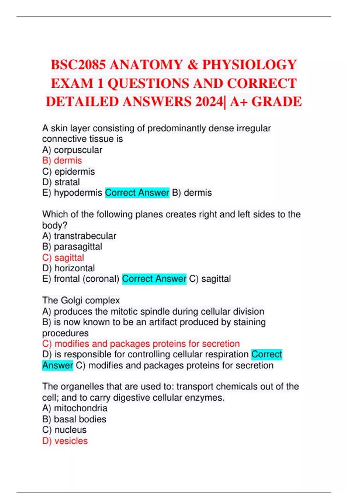 BSC2085 ANATOMY & PHYSIOLOGY EXAM 1 QUESTIONS AND CORRECT DETAILED ...