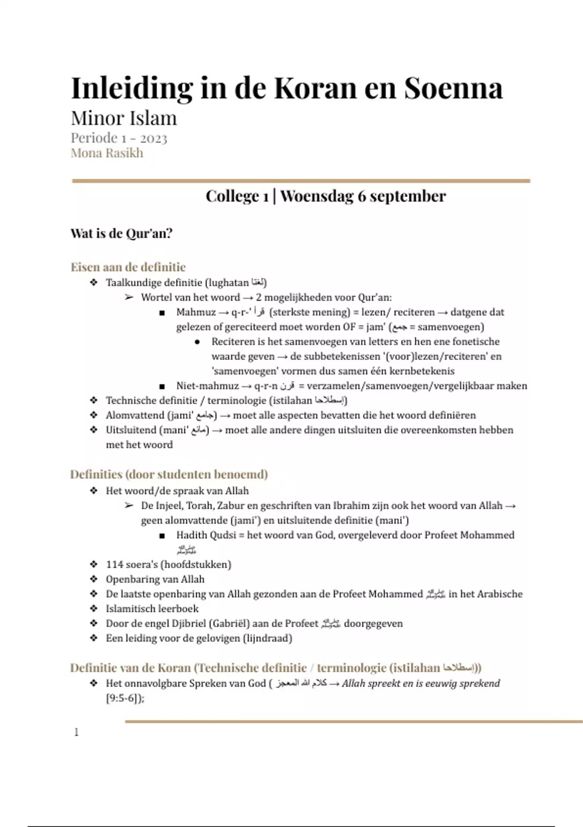 Inleiding in de Koran en Soenna: samenvatting/aantekeningen - Inleiding ...