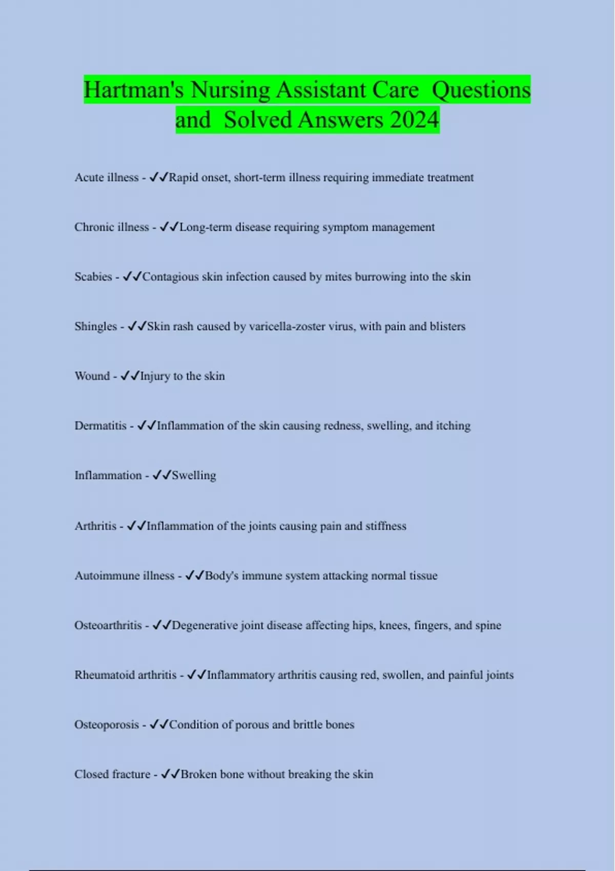 Hartman's Nursing Assistant Care Questions and Solved Answers 2024 ...