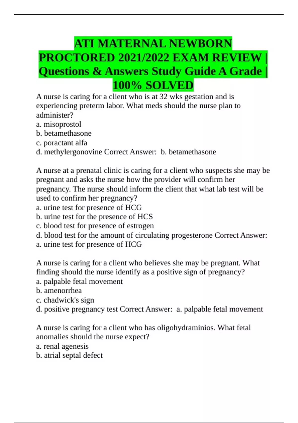 Maternal Newborn Ati Proctored FOCUSED EXAM REVIEW - LATEST CORRECT ...