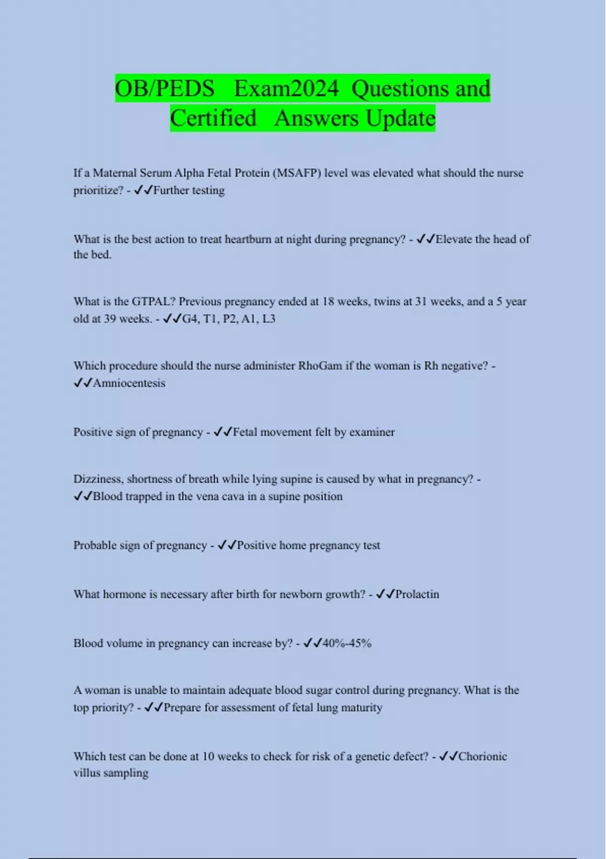 OB/PEDS Exam2024 Questions and Certified Answers Update - OB /PEDS ...