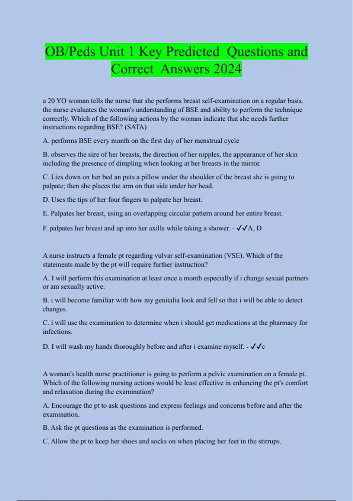 OB/Peds Unit 1 Key Predicted Questions and Correct Answers 2024 - OB ...