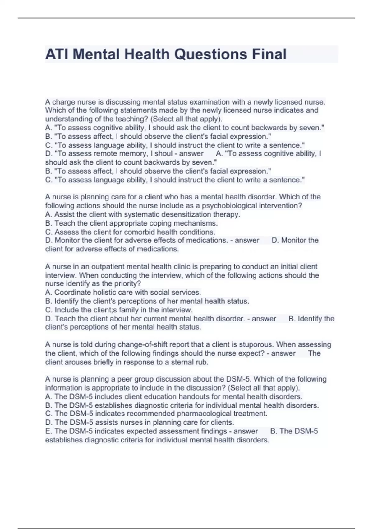 ATI Mental Health Questions Final Questions with correct Answers - ATI ...