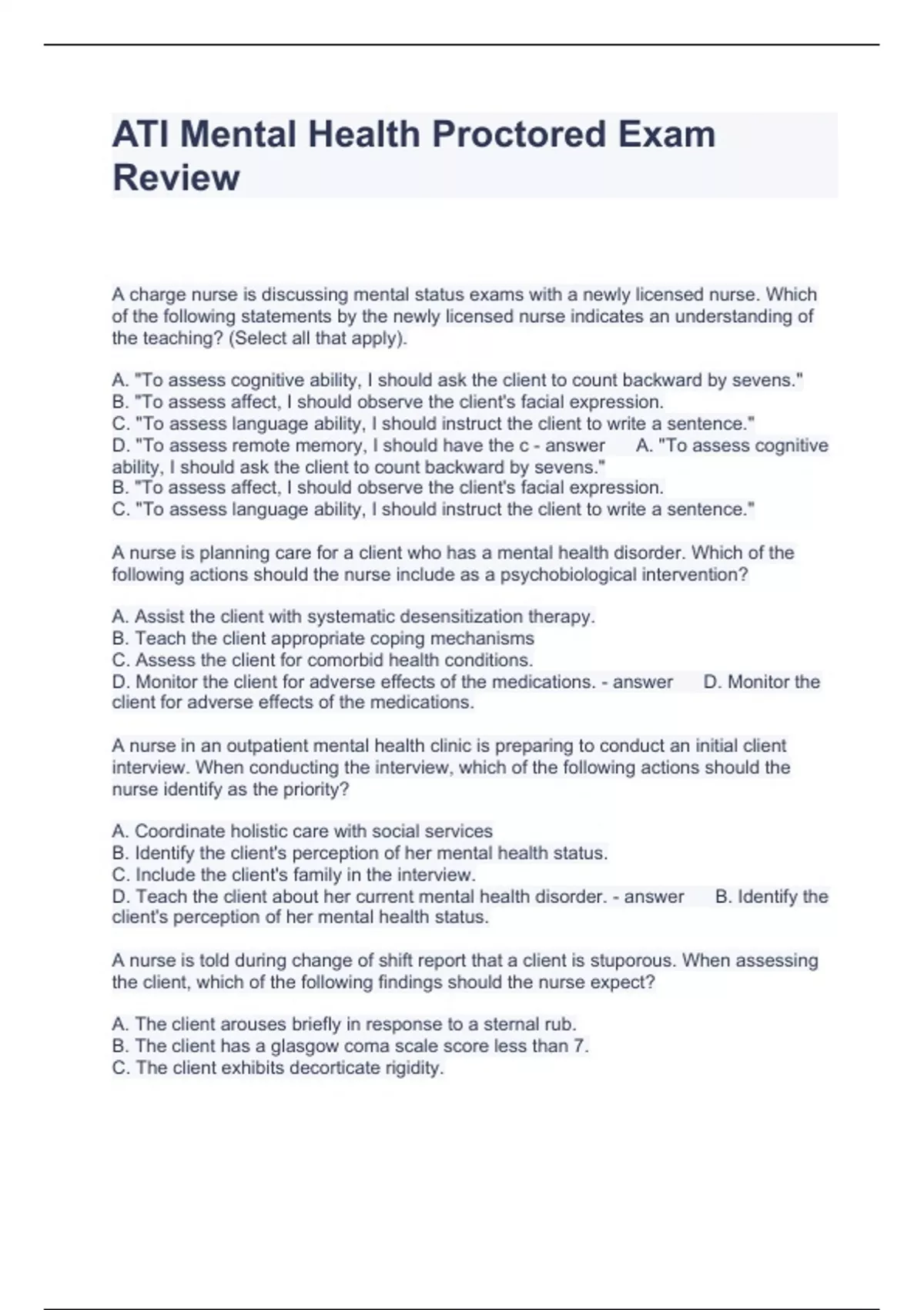 ATI Mental Health Proctored Exam Review Questions with Accurate Answers ...