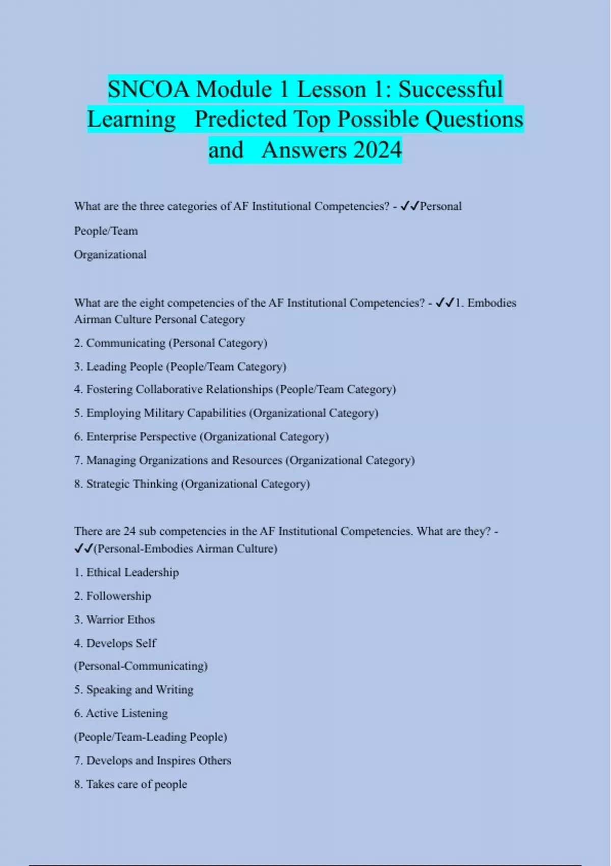 SNCOA Module 1 Lesson 1: Successful Learning Predicted Top Possible ...